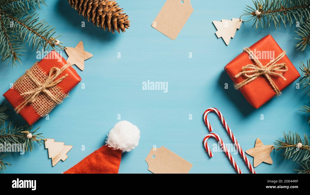 Vintage Christmas flat lay composition. Christmas tree branches, gift ...