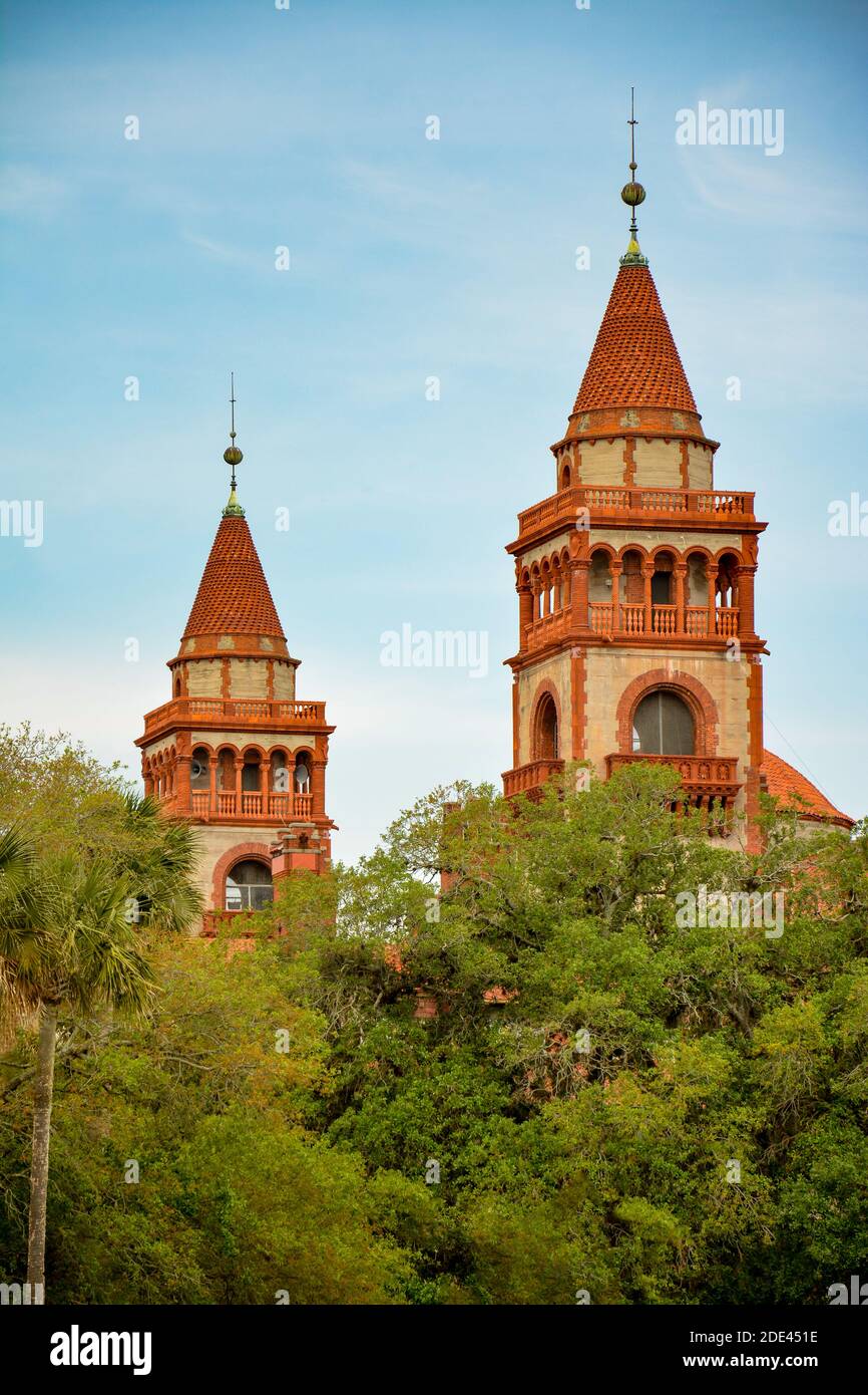 View of the Spanish tile roof towers and rooftops of Flagler College ...