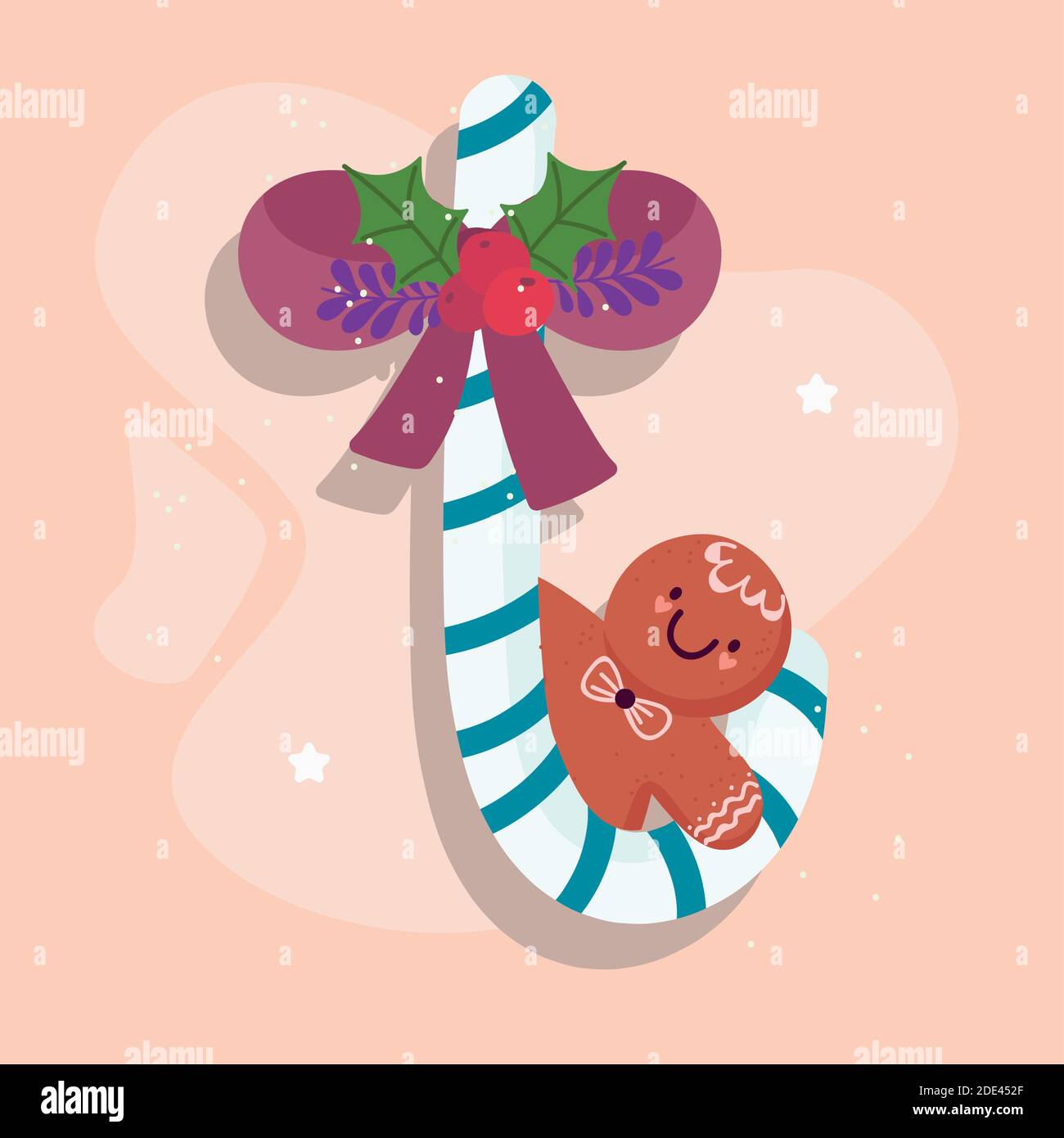 merry christmas candy cane with gingerbread man and holly berry vector ...