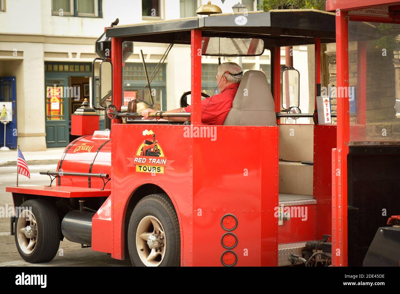 The Red Train tour Sightseeing driver commands a red train like bus for ...