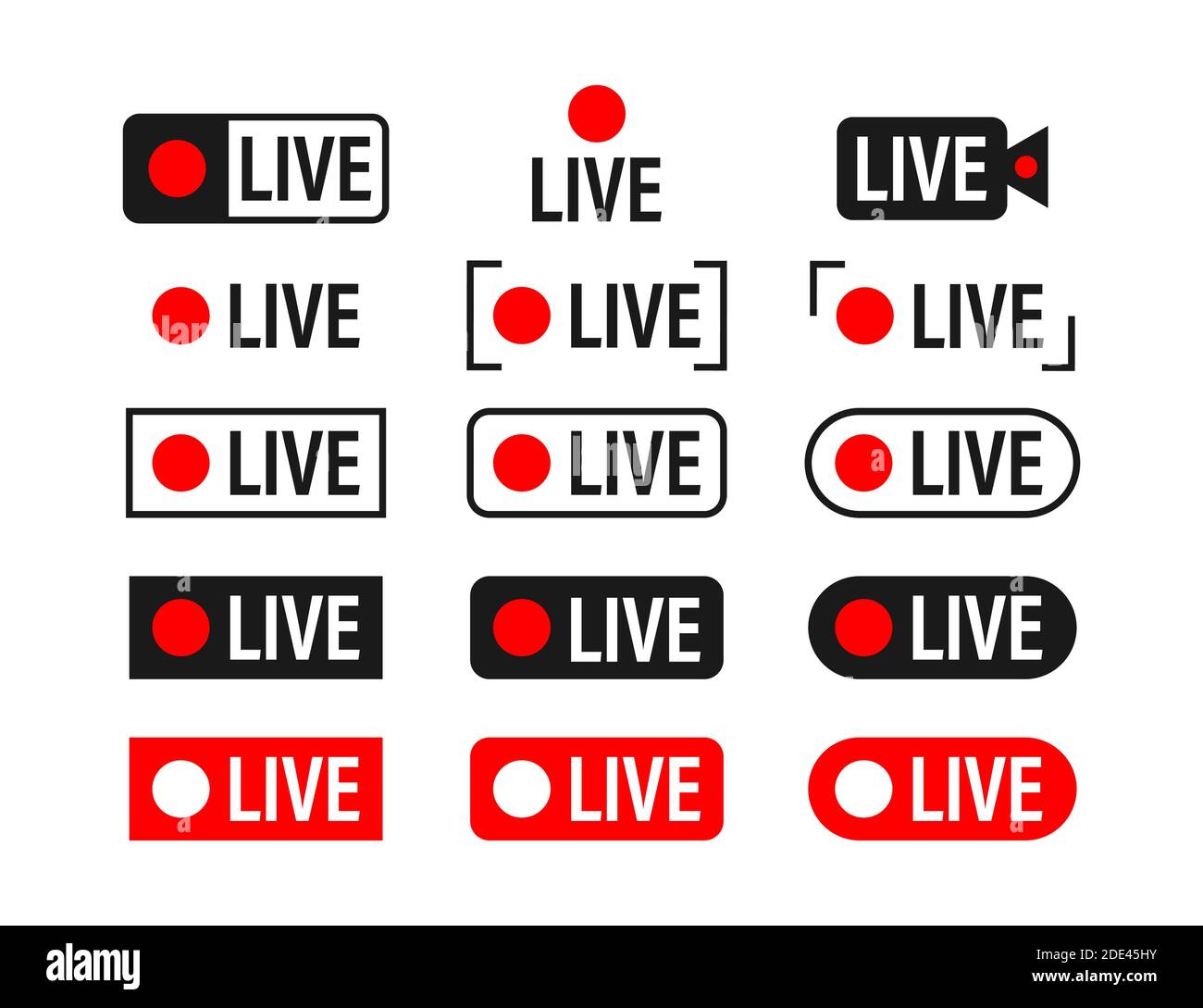 Set of live streaming icons. Broadcasting. Red symbols and buttons of live stream, online stream ...