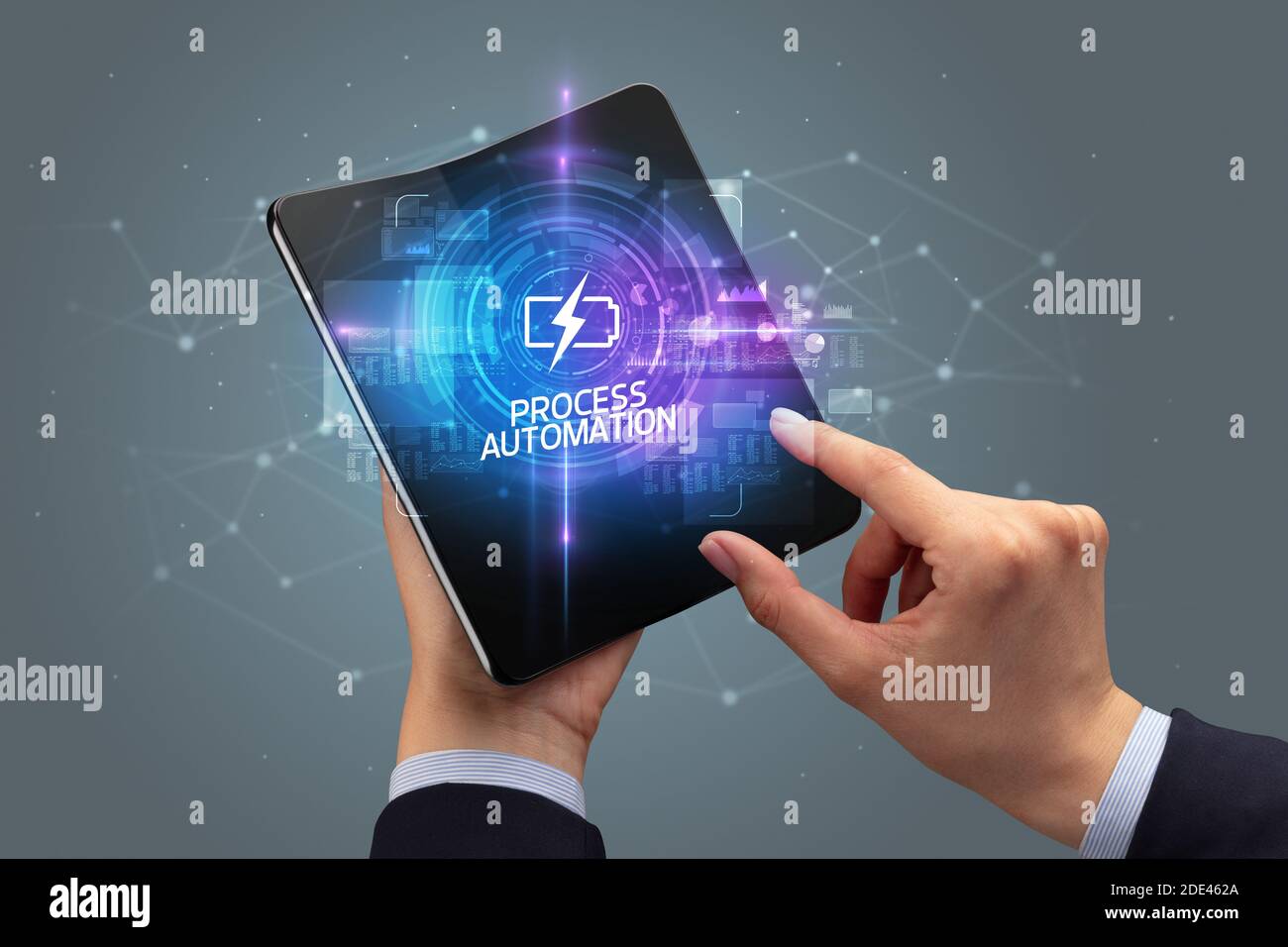 Businessman Holding A Foldable Smartphone With Aspnet Inscription New Technology Concept