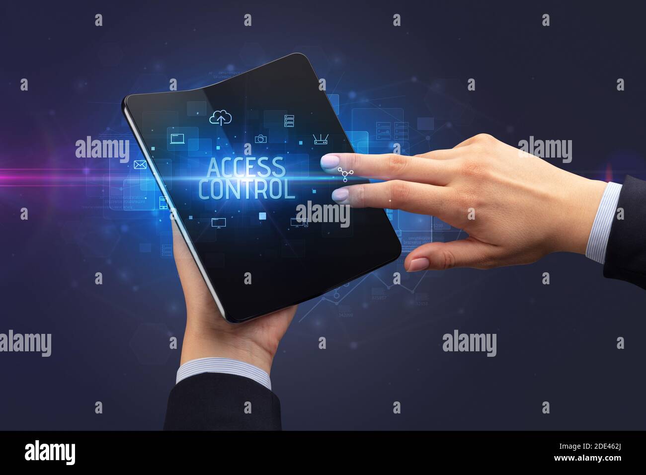 Businessman holding a foldable smartphone with ACCESS CONTROL ...