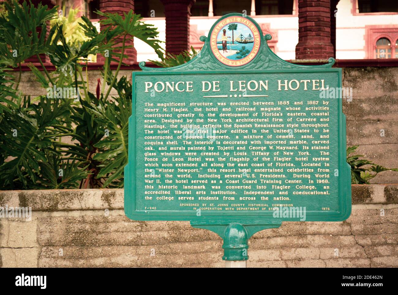 Close up of sign about the Ponce de Leon Hotel, built in 1887, a ...