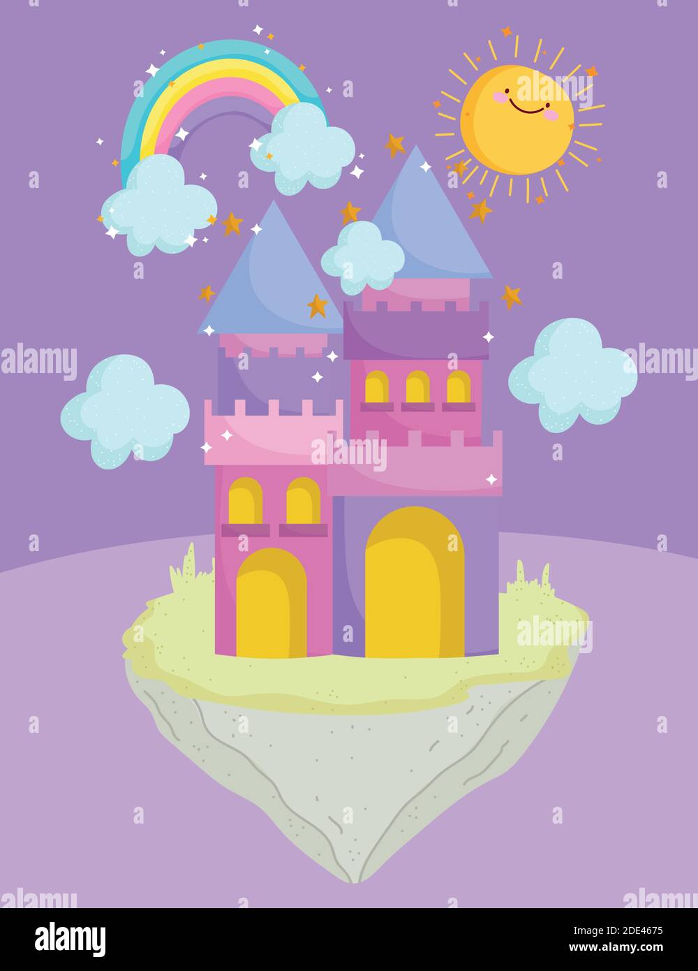 cute castle cartoon rainbow clouds sun dream magic vector illustration ...