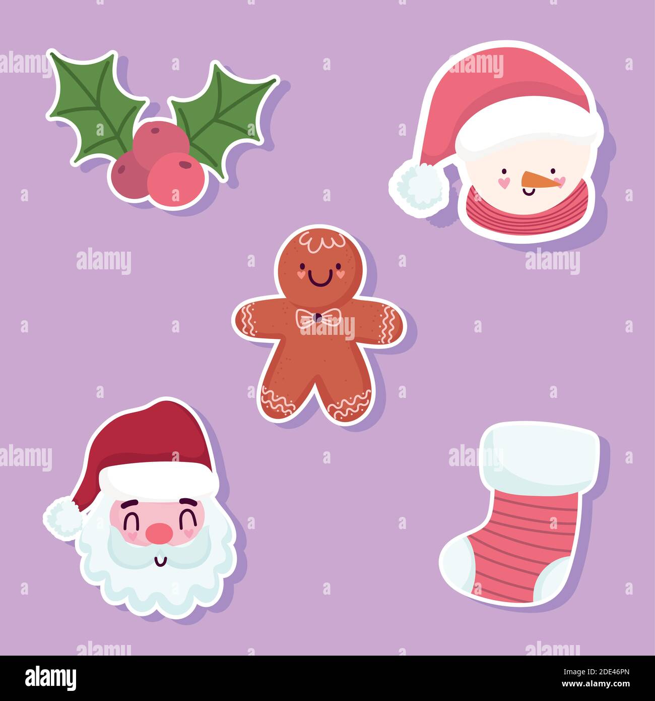 merry christmas icons set santa snowman faces gingerbread man and sock ...