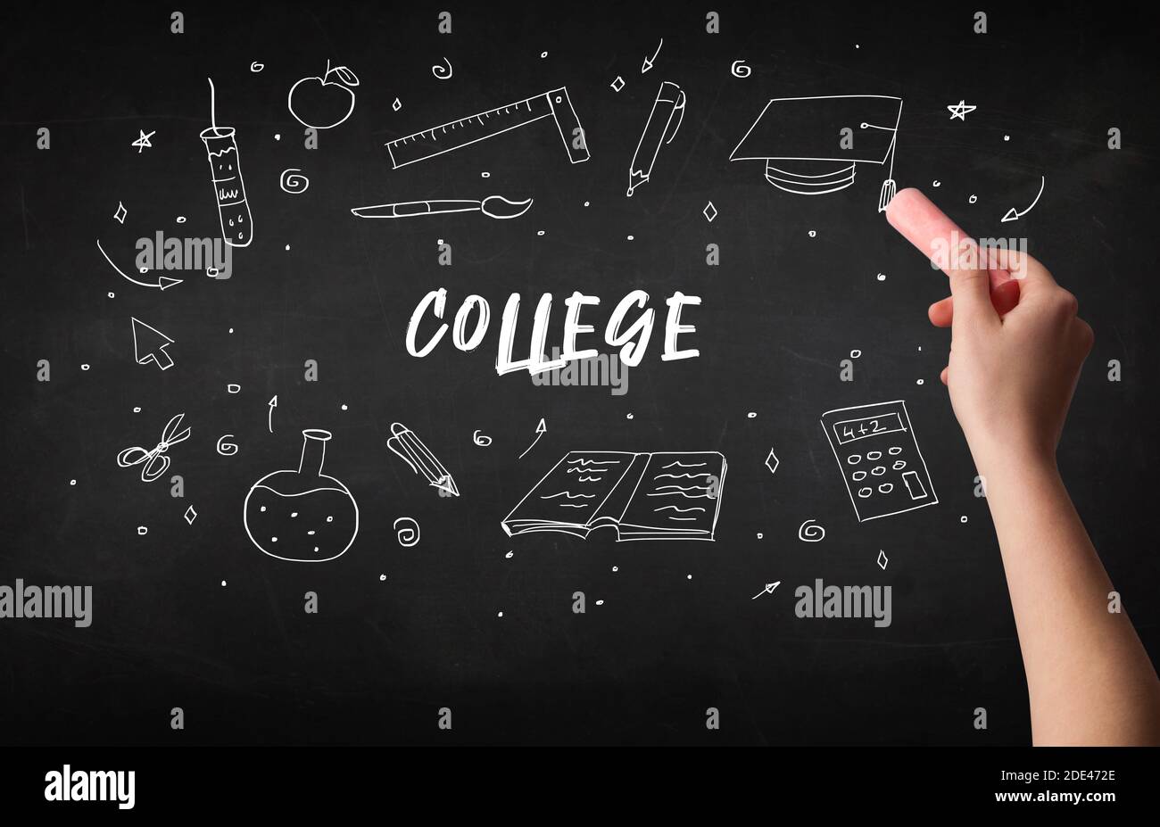 Hand drawing COLLEGE inscription with white chalk on blackboard ...