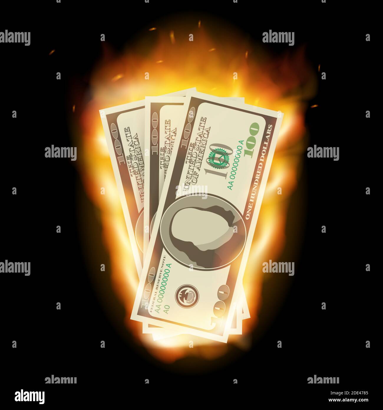 Burning dollar on a black background for design. Vector stock ...
