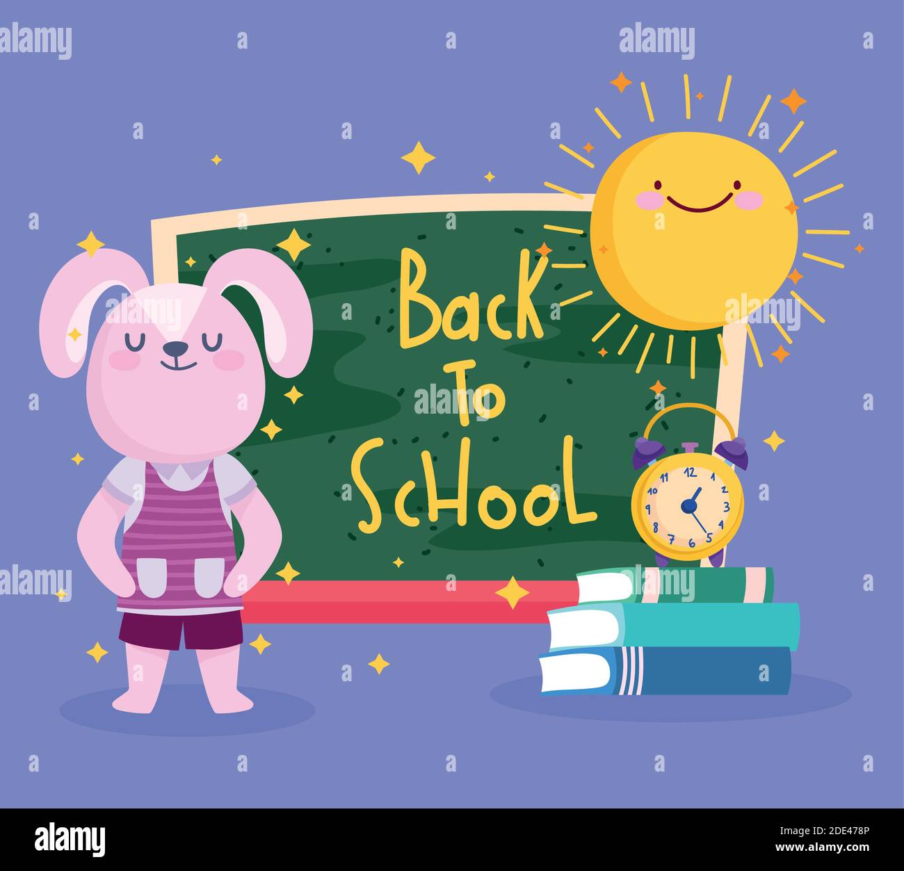 back to school, cute rabbit with chalkboard books and clock cartoon ...