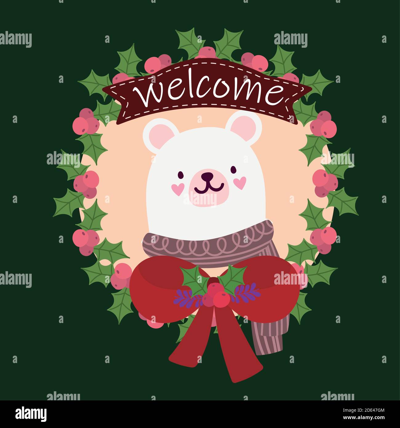 Merry Christmas Polar Bear With Bow In Wreath Holly Berry Ornament