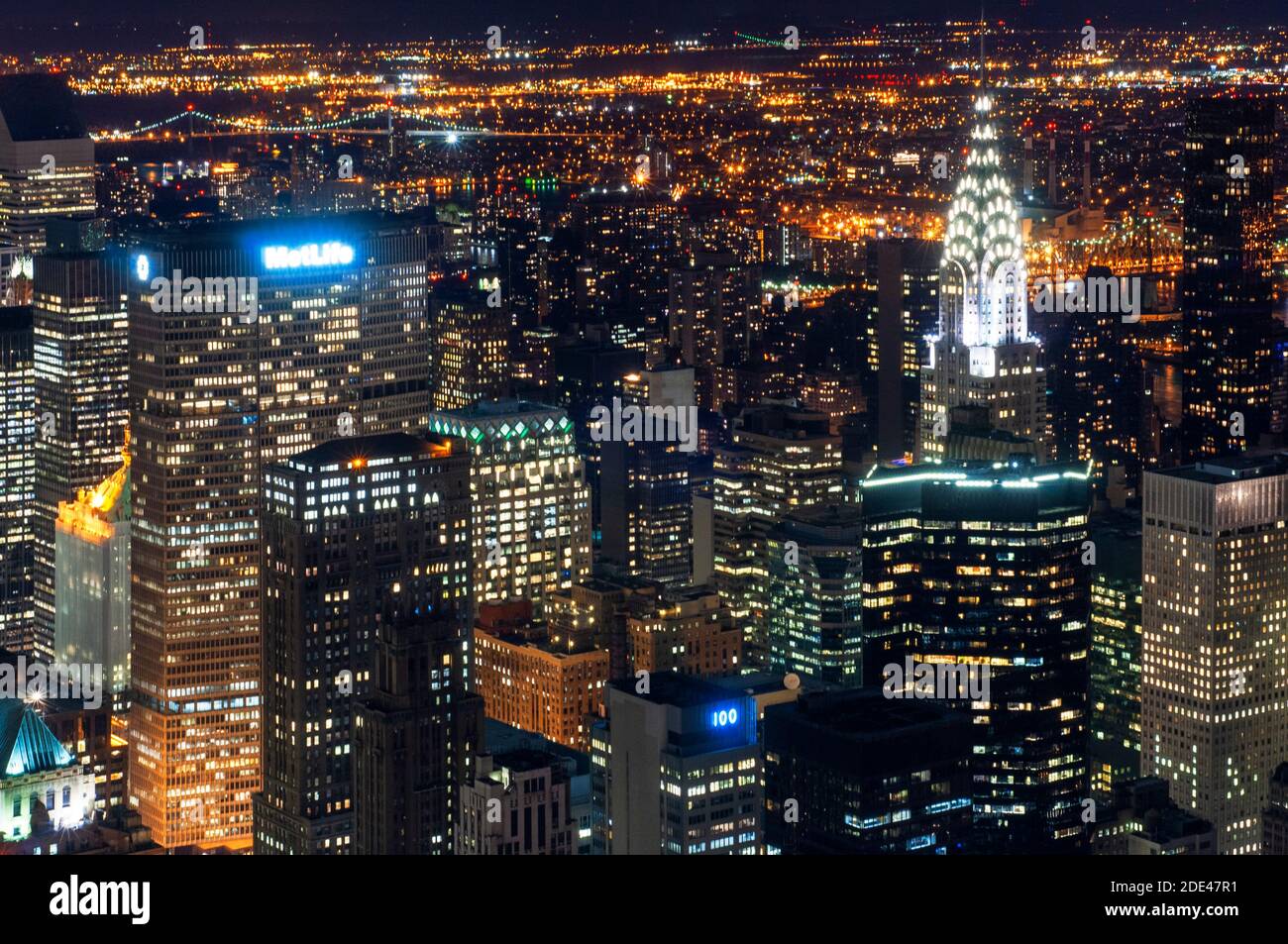 Aerial view from the Empire State building. Night view of Lower Midtown ...