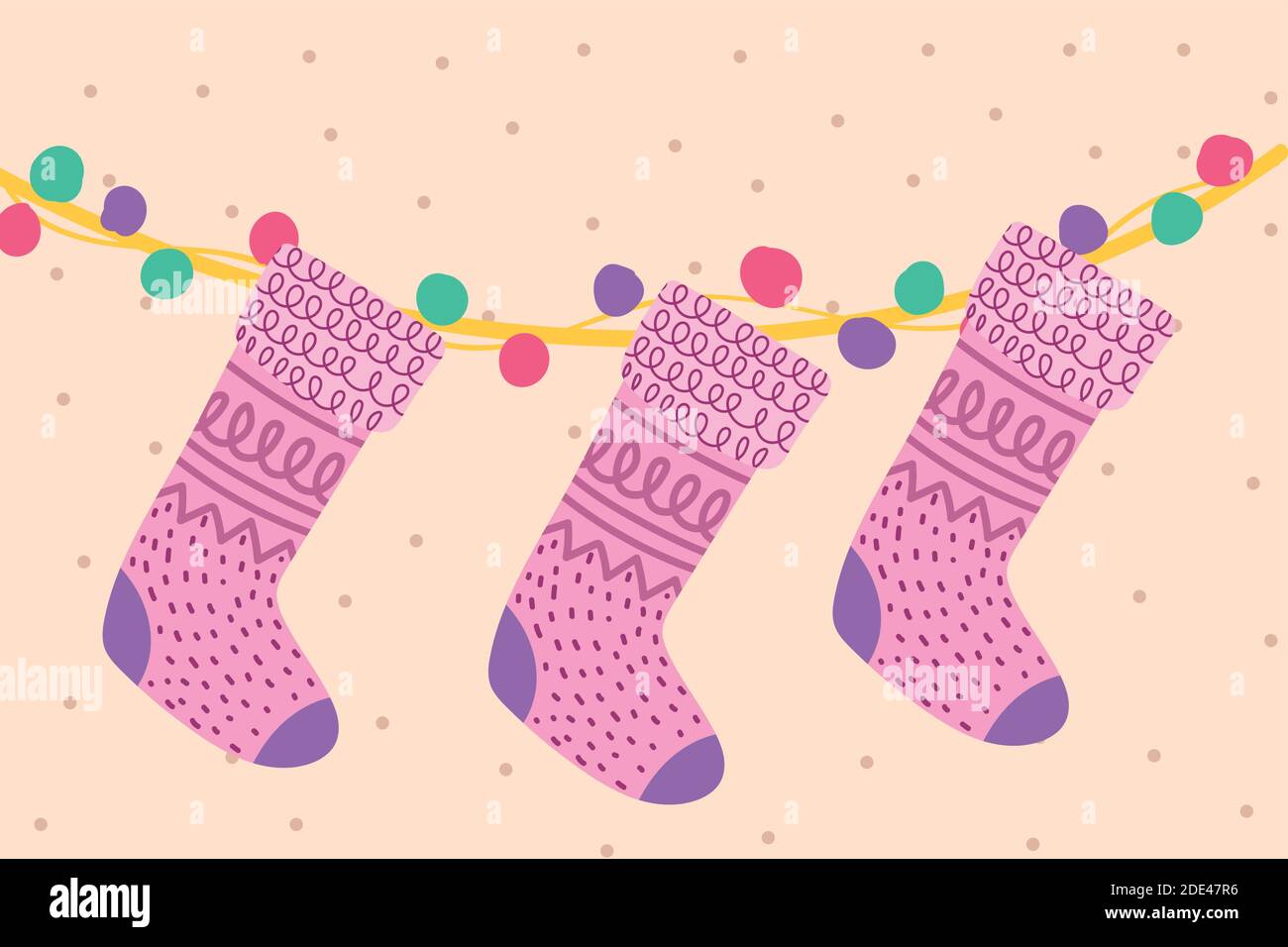 merry christmas hanging stocking with lights bulb decoration vector ...