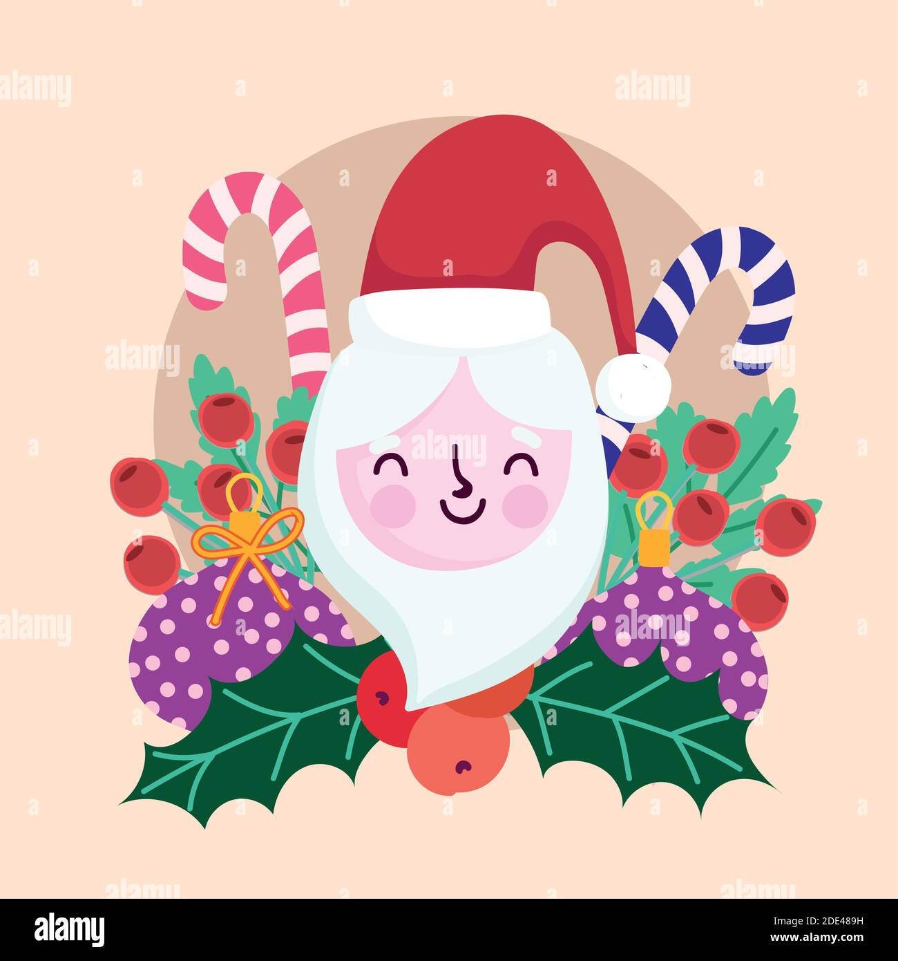 merry christmas cute santa candy canes holly berry decoration vector ...