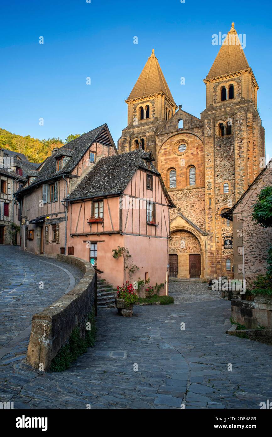 The small medieval village of Conques in France. It shows visitors its ...