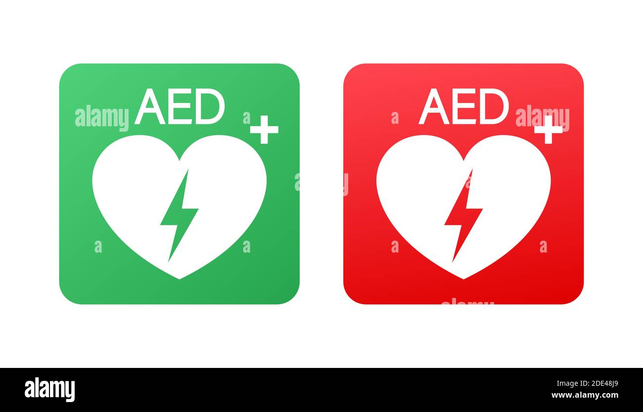 Emergency first aid defibrillator sign. White heart icon and white ...