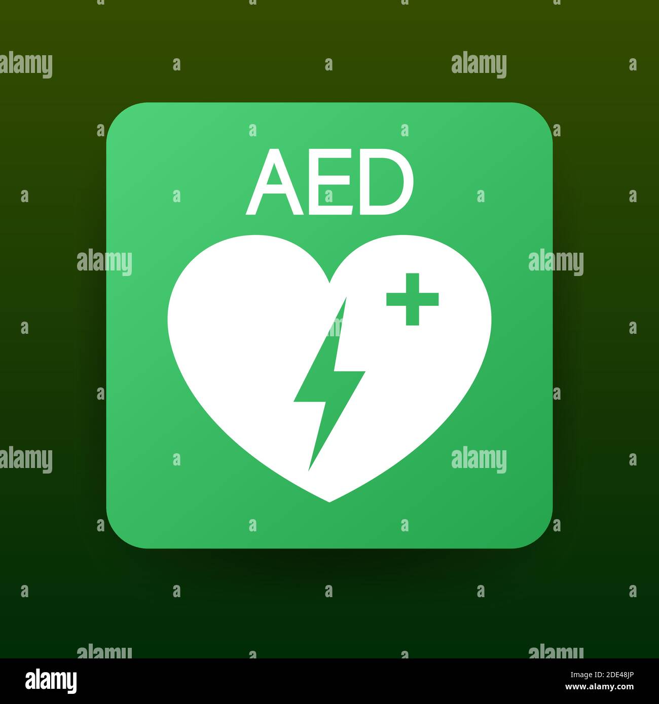 Emergency first aid defibrillator sign. White heart icon and white ...