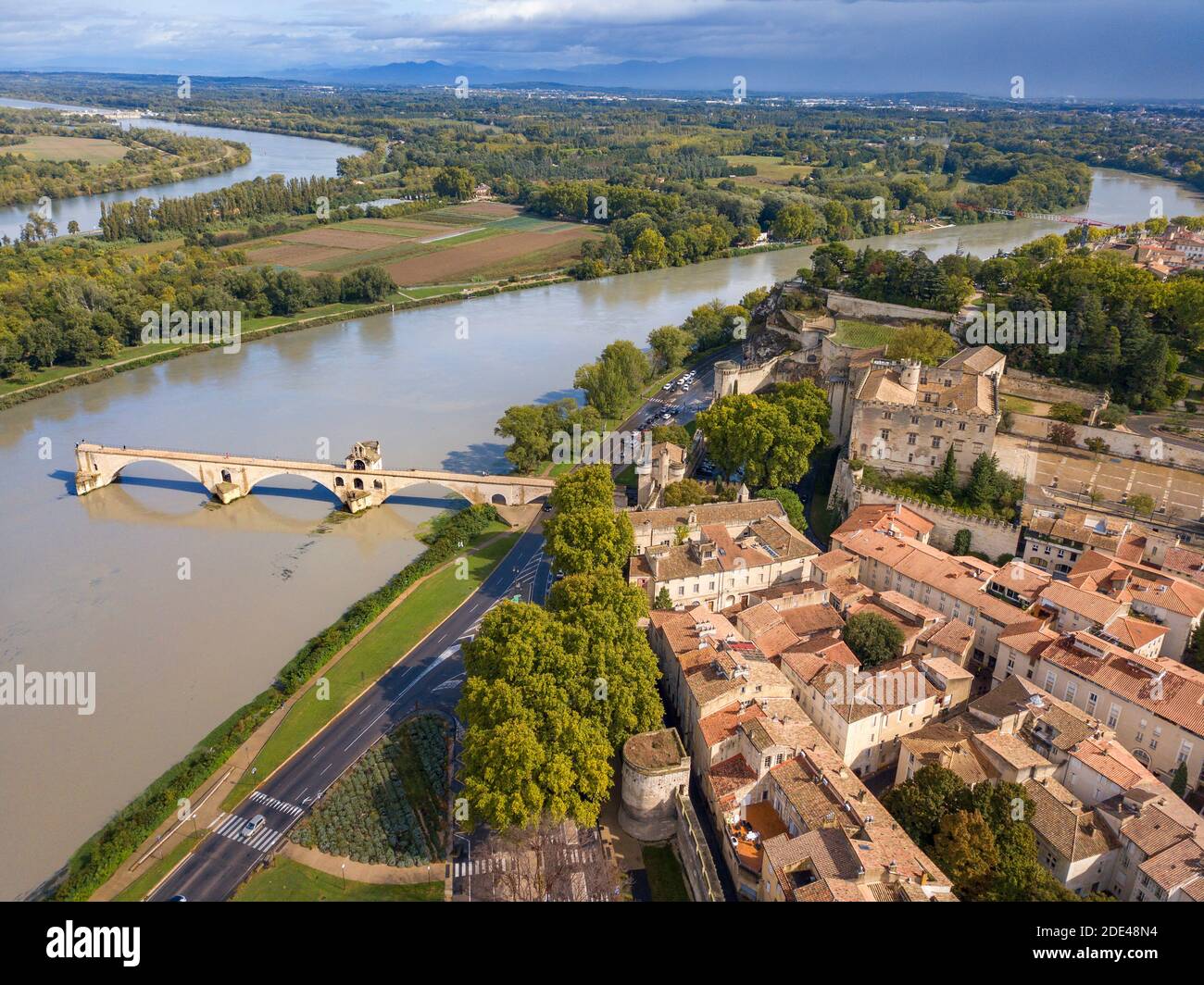 Aerial view of Avignon Bridge with Popes Palace and Rhone River at ...