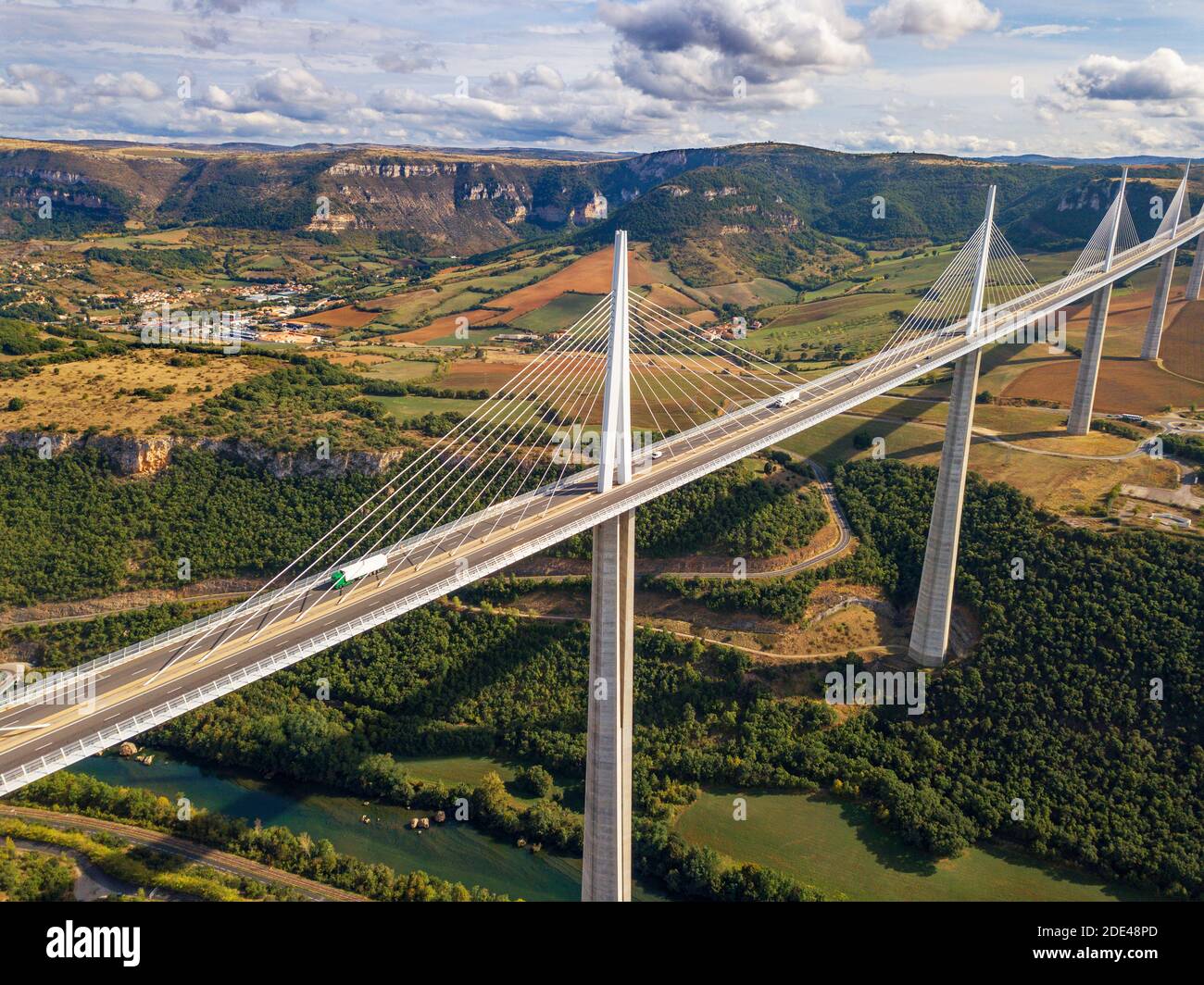 Aerial view Millau viaduct by architect Norman Foster, between Causse ...