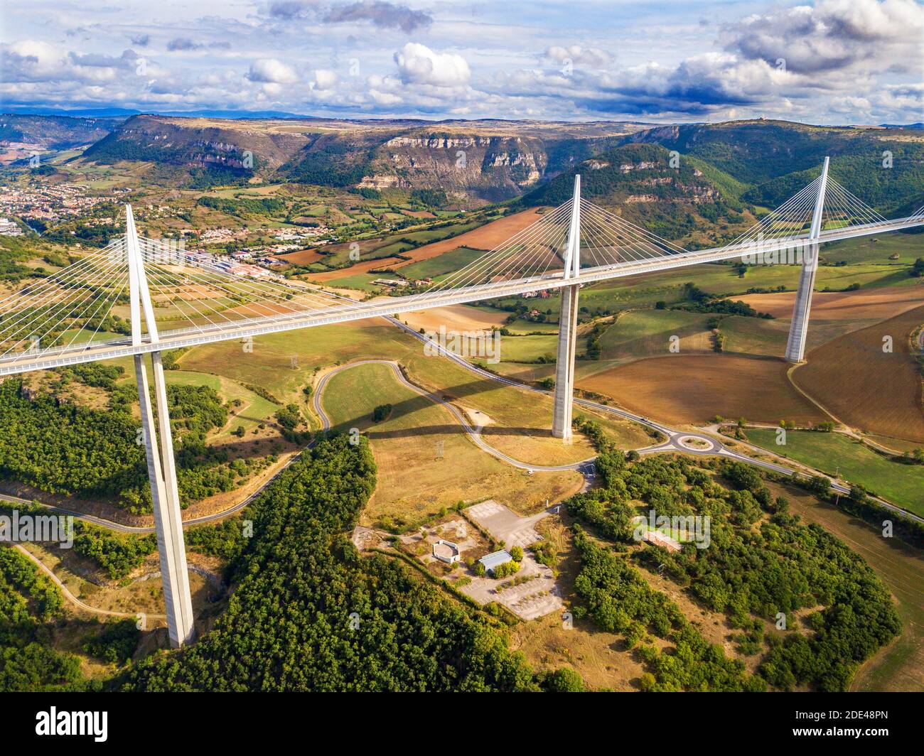 Aerial view Millau viaduct by architect Norman Foster, between Causse ...