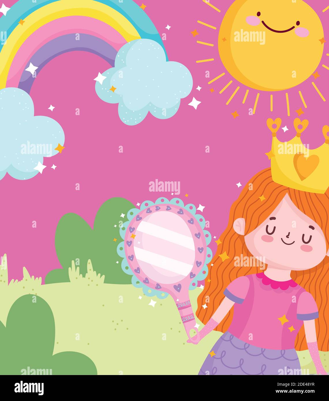 cute princess with mirror crown rainbow and sun cartoon vector ...