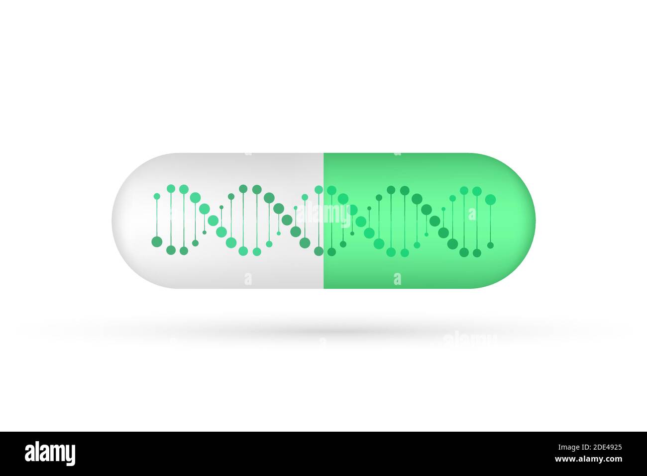 Close green capsule pill with dna molecule structure on white ...