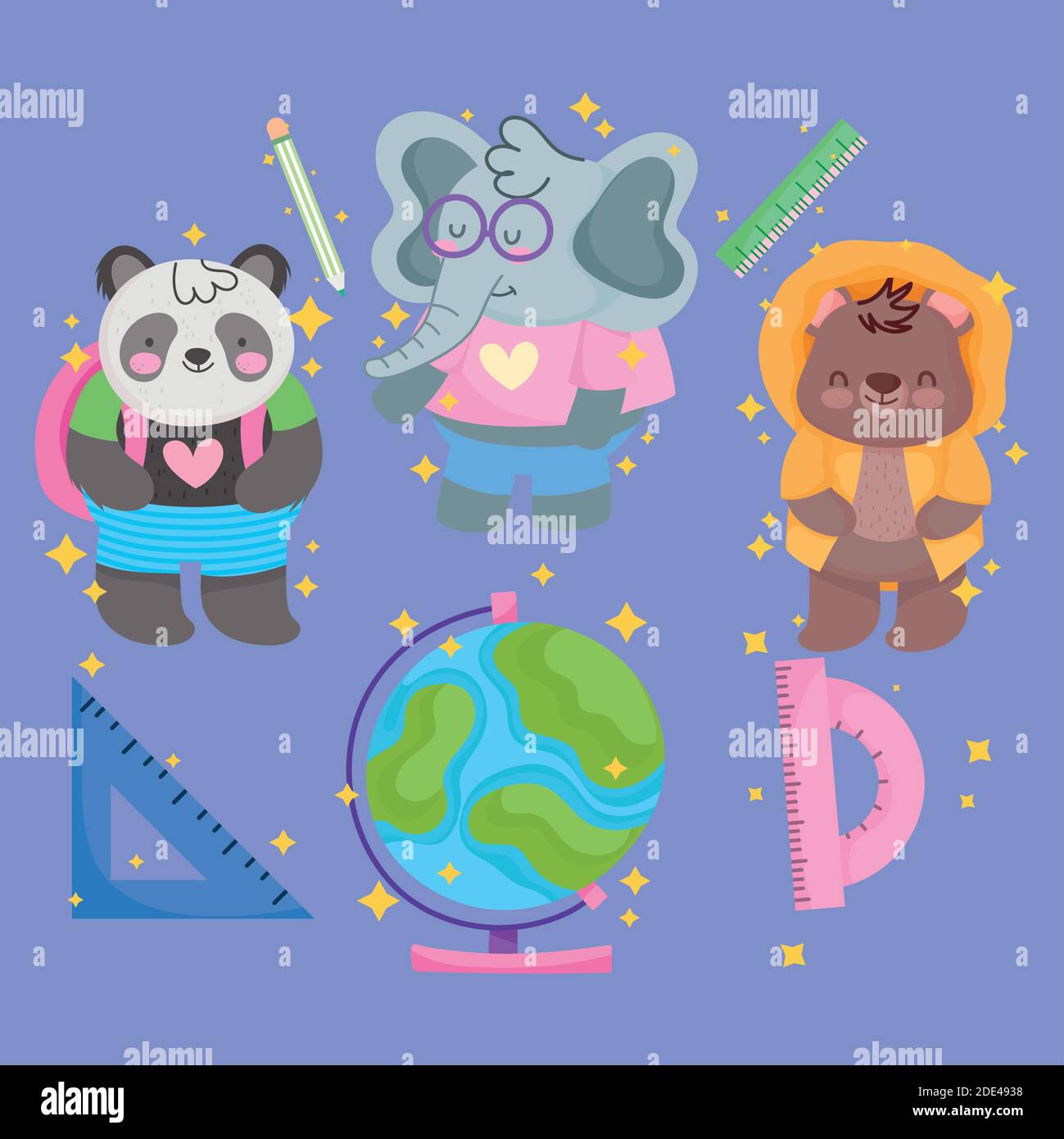 back to school, panda elephant bear globe ruler cartoon vector ...