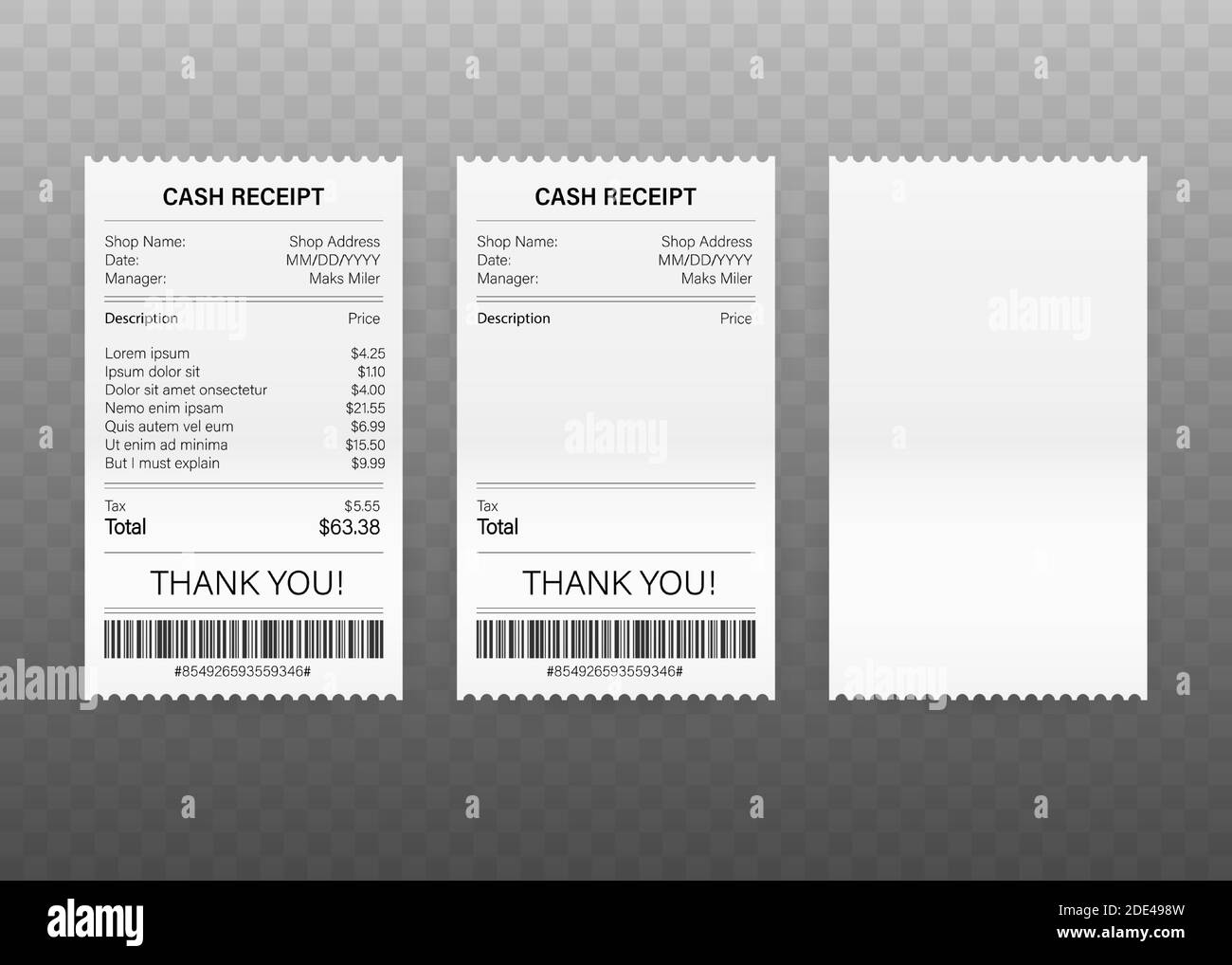 Receipts of realistic payment paper bills for cash or credit card ...