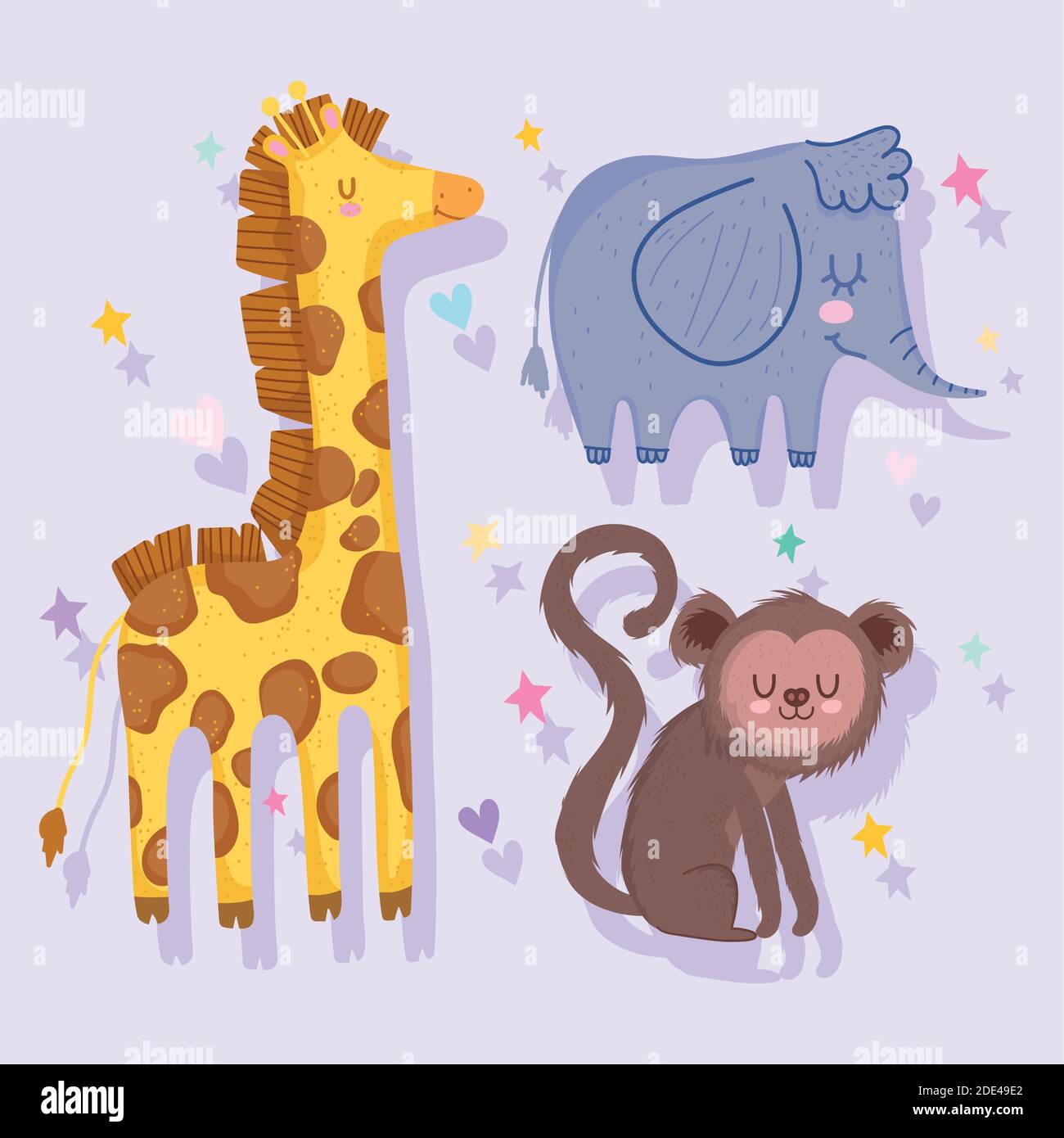 cute monkey giraffe and elephant animal safari cartoon with leaves ...