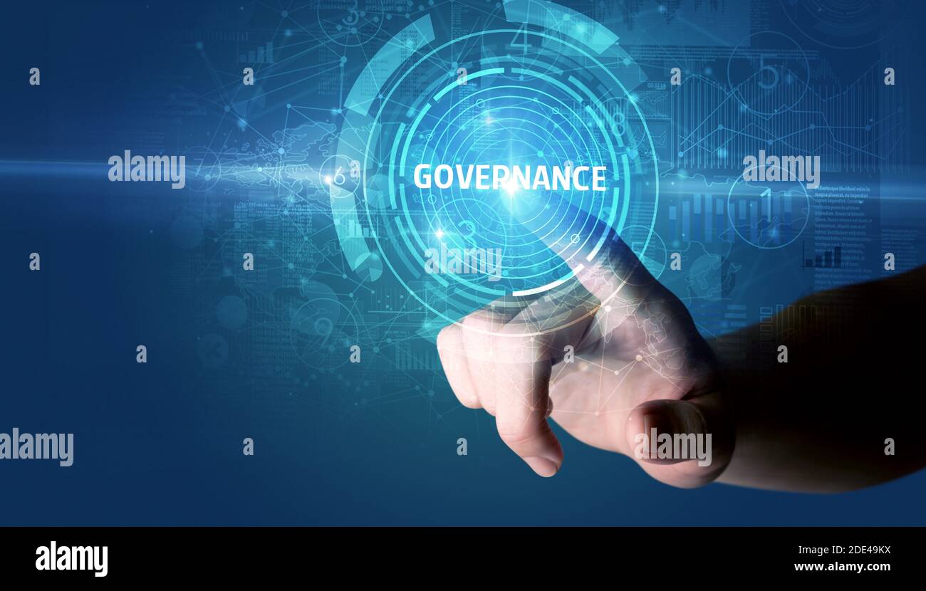 Hand touching GOVERNANCE button, modern business technology concept ...