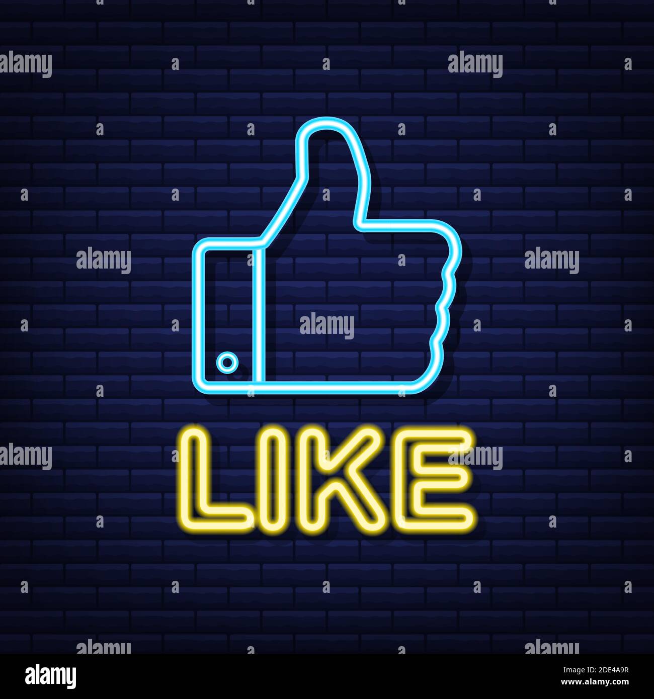Blue like neon on light background. Thumb up icon. Hand like. Social ...
