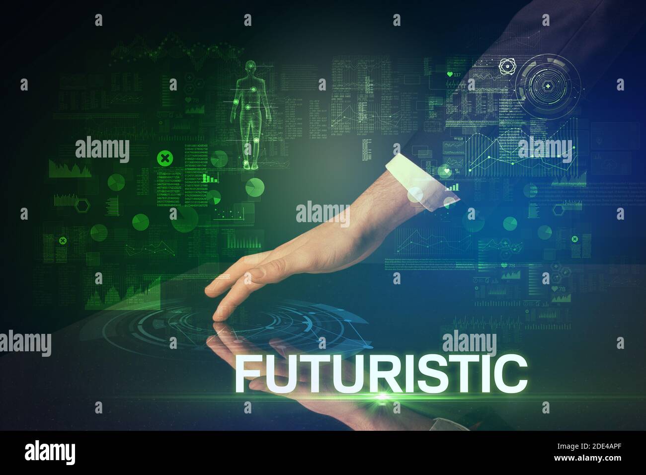 Businessman touching huge display with FUTURISTIC inscription, modern ...