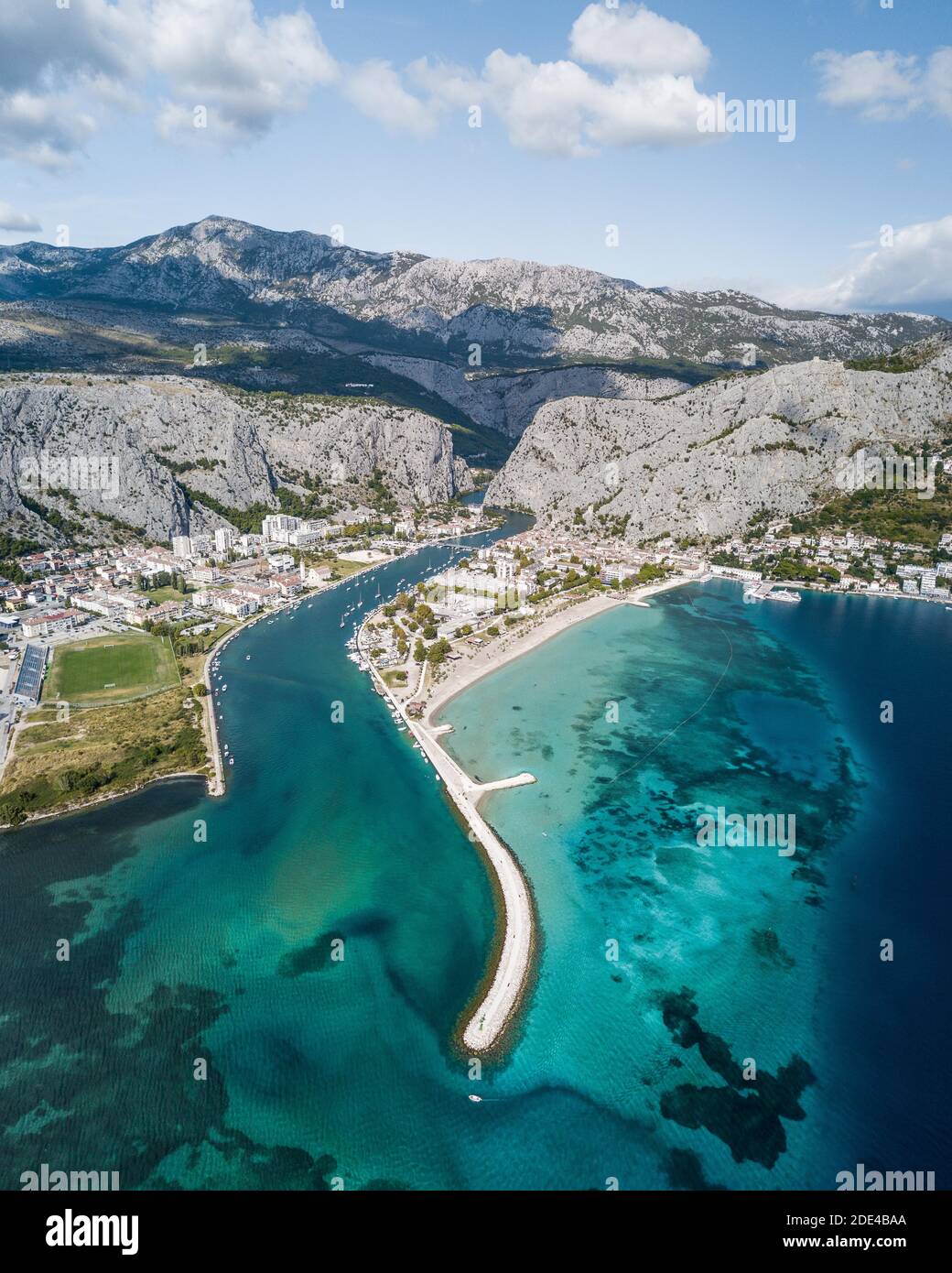 Aerial view, City of Omis with the harbour entrance, Omis, Croatia ...