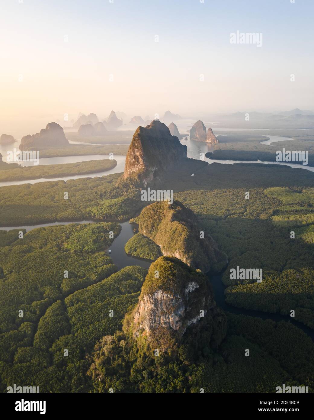 Aerial view, mangrove forest with meandering river and high karst rocks ...
