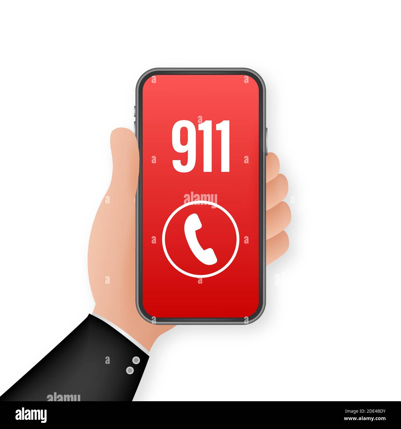 911 smartphone in flat style. Call icon vector. Hand holding smartphone. First aid. Finger touch ...