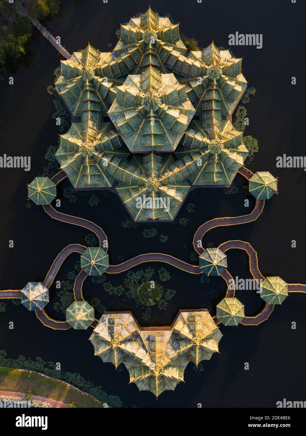 Aerial view, hexagonal golden temple from above, Ancient City, Bangkok ...