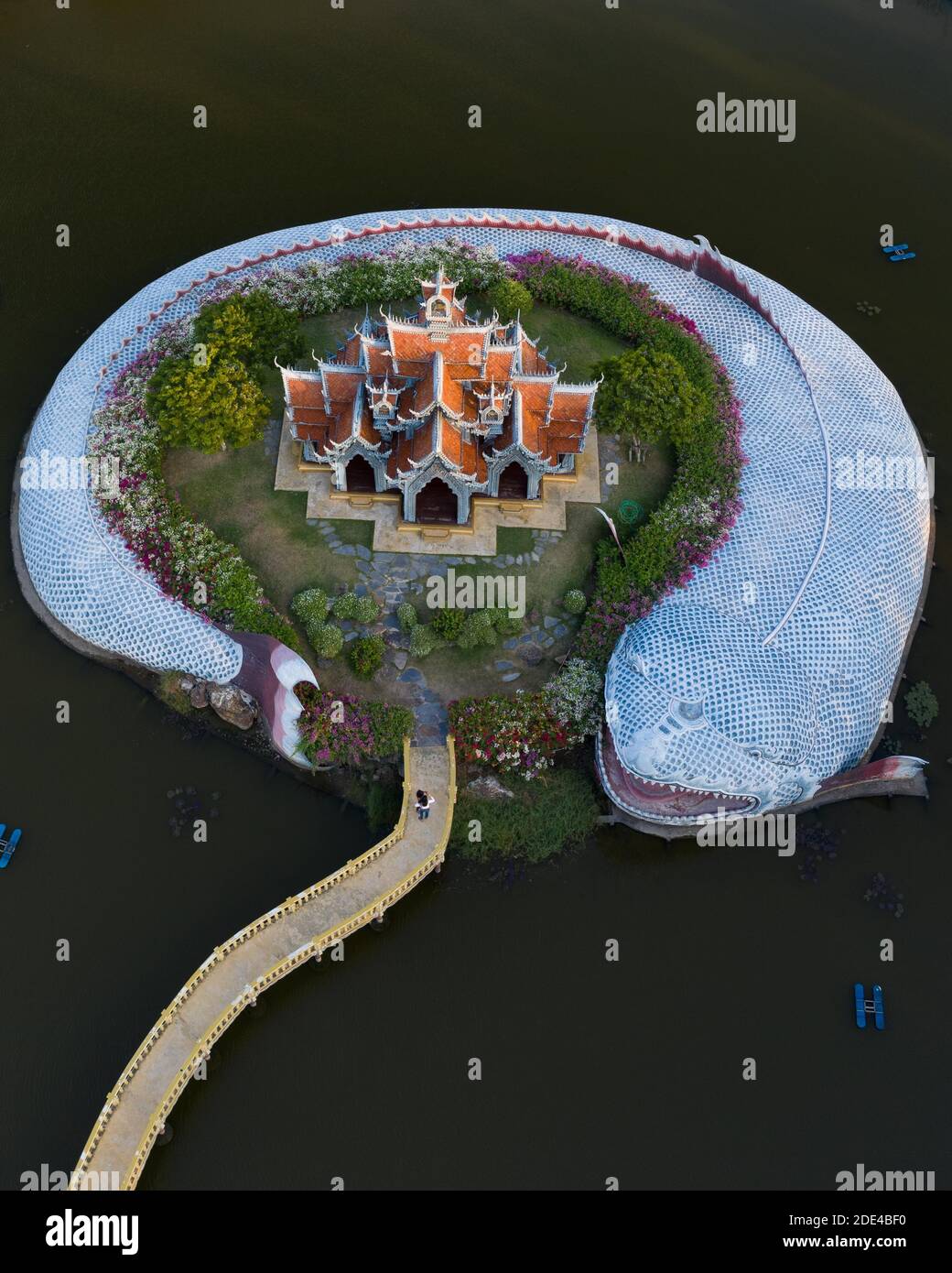 Aerial view, fish-shaped temple from above, Ancient City, Bangkok ...