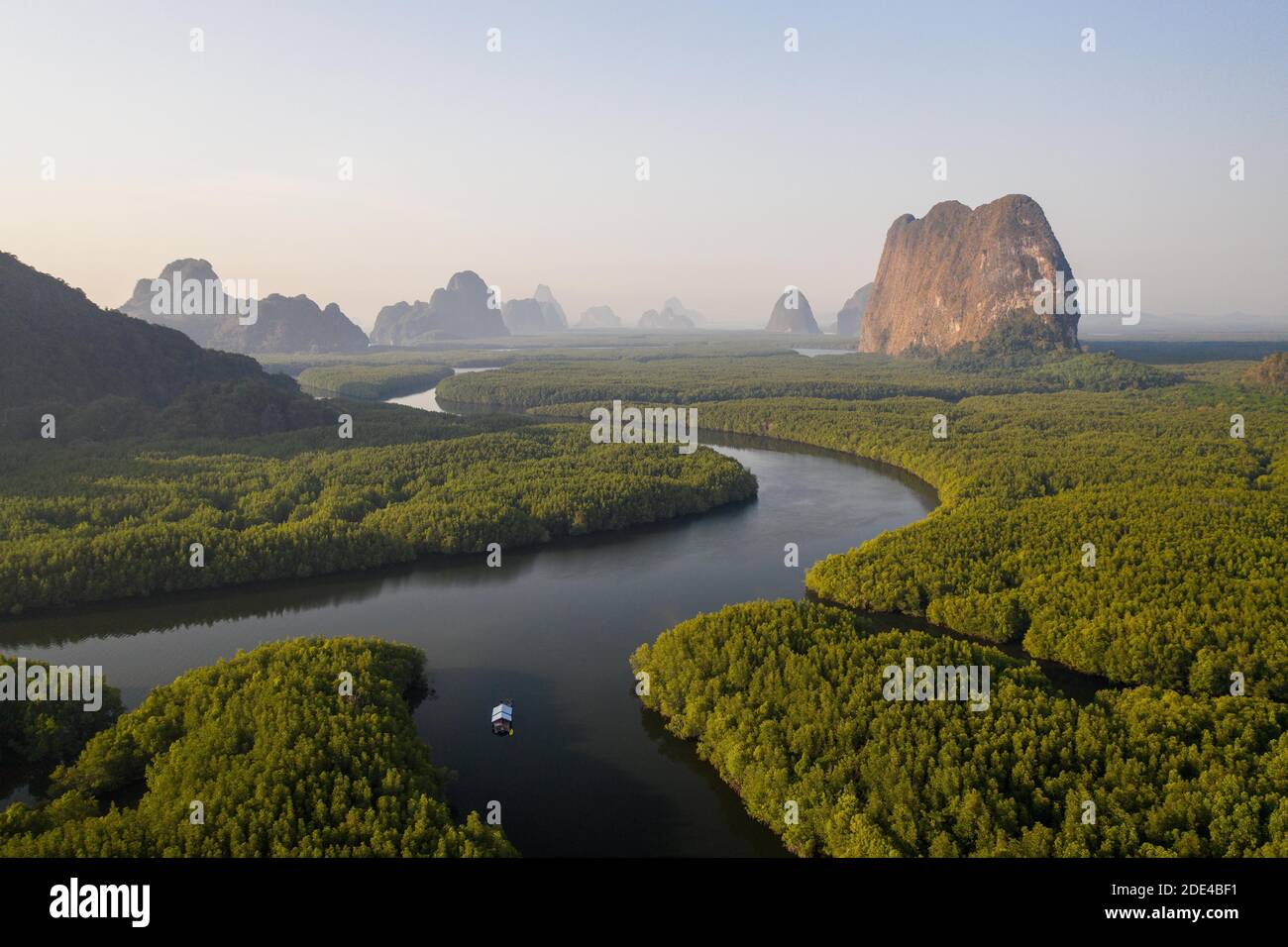 Aerial view, mangrove forest with meandering river and high karst rocks ...