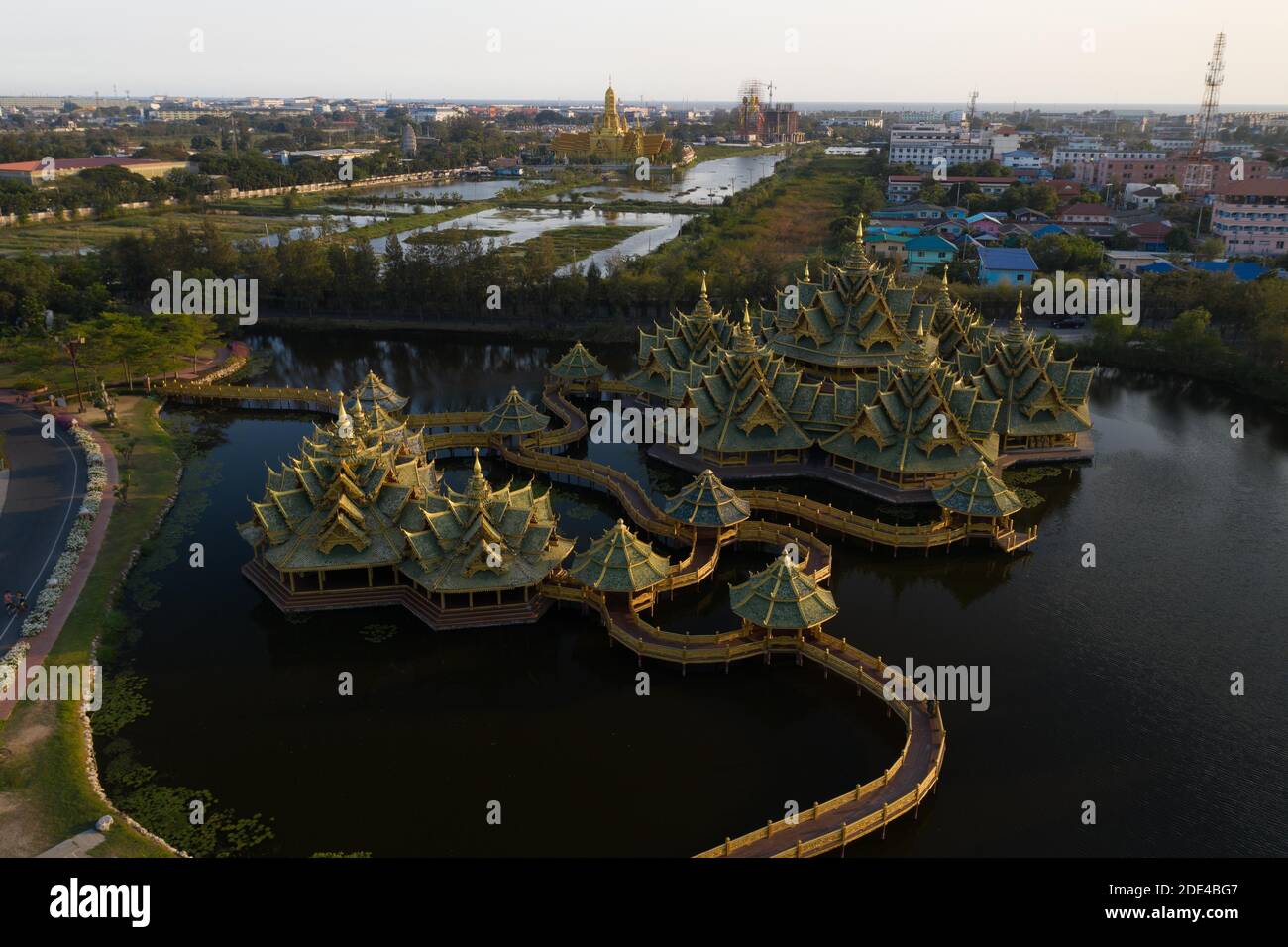 Aerial view, hexagonal golden temple from above, Ancient City, Bangkok ...