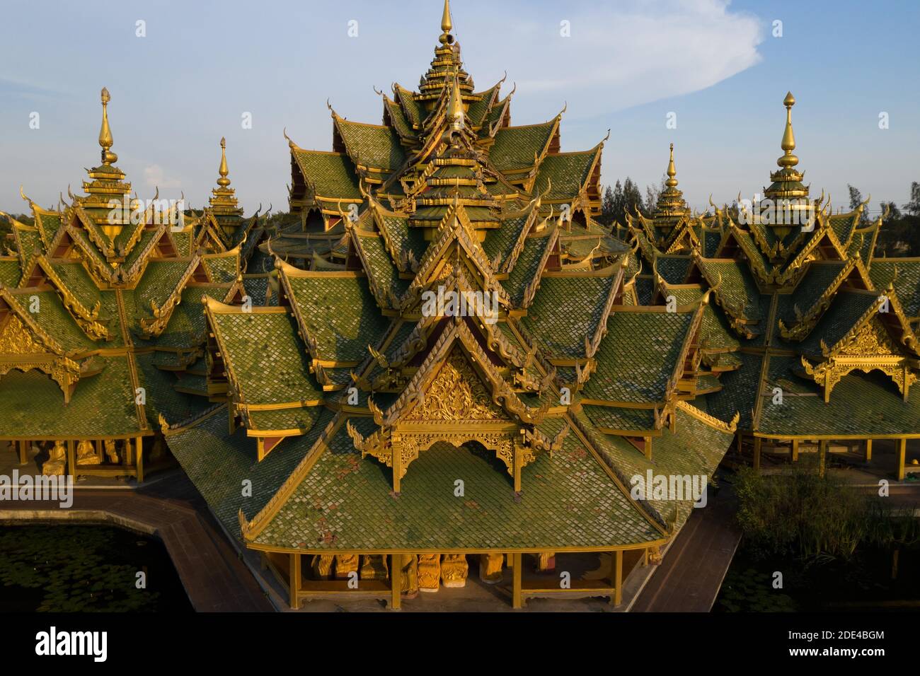 Aerial view, hexagonal golden temple, Ancient City, Bangkok, Thailand ...