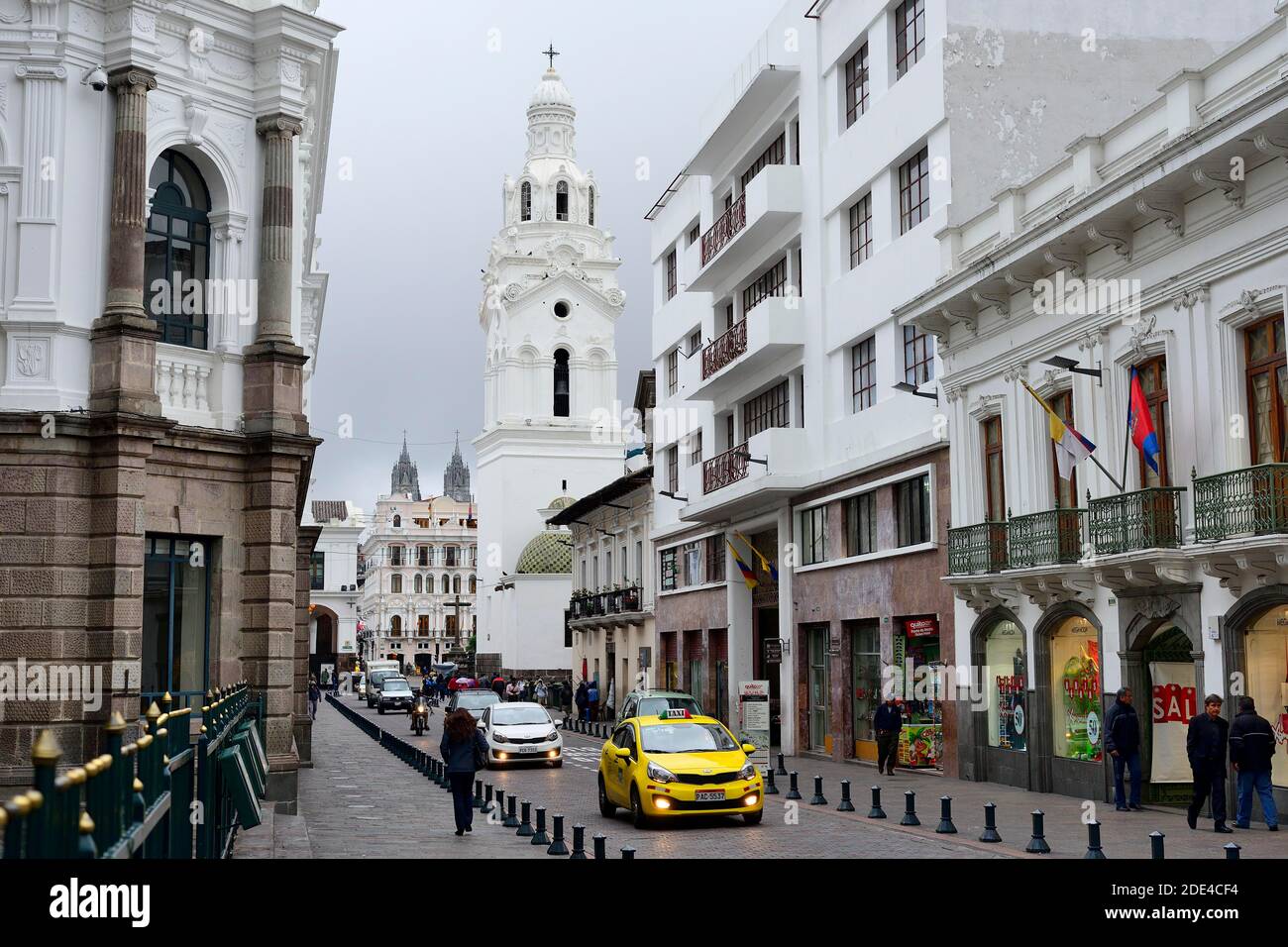 Alley in the old town with the Catedral Metropolitana, Quito, Pichincha ...