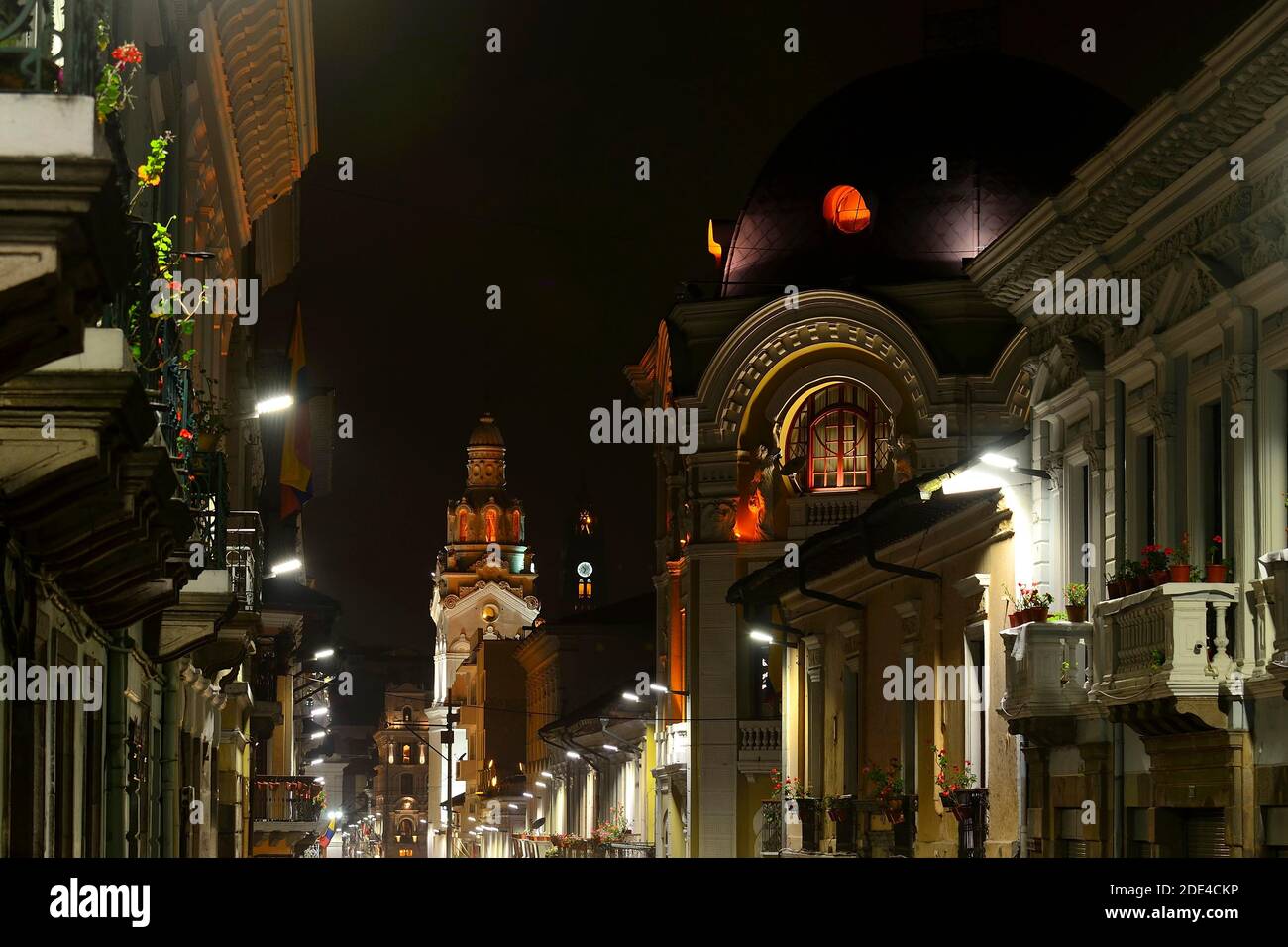 In the historic old town at night, Quito, Pichincha Province, Ecuador ...