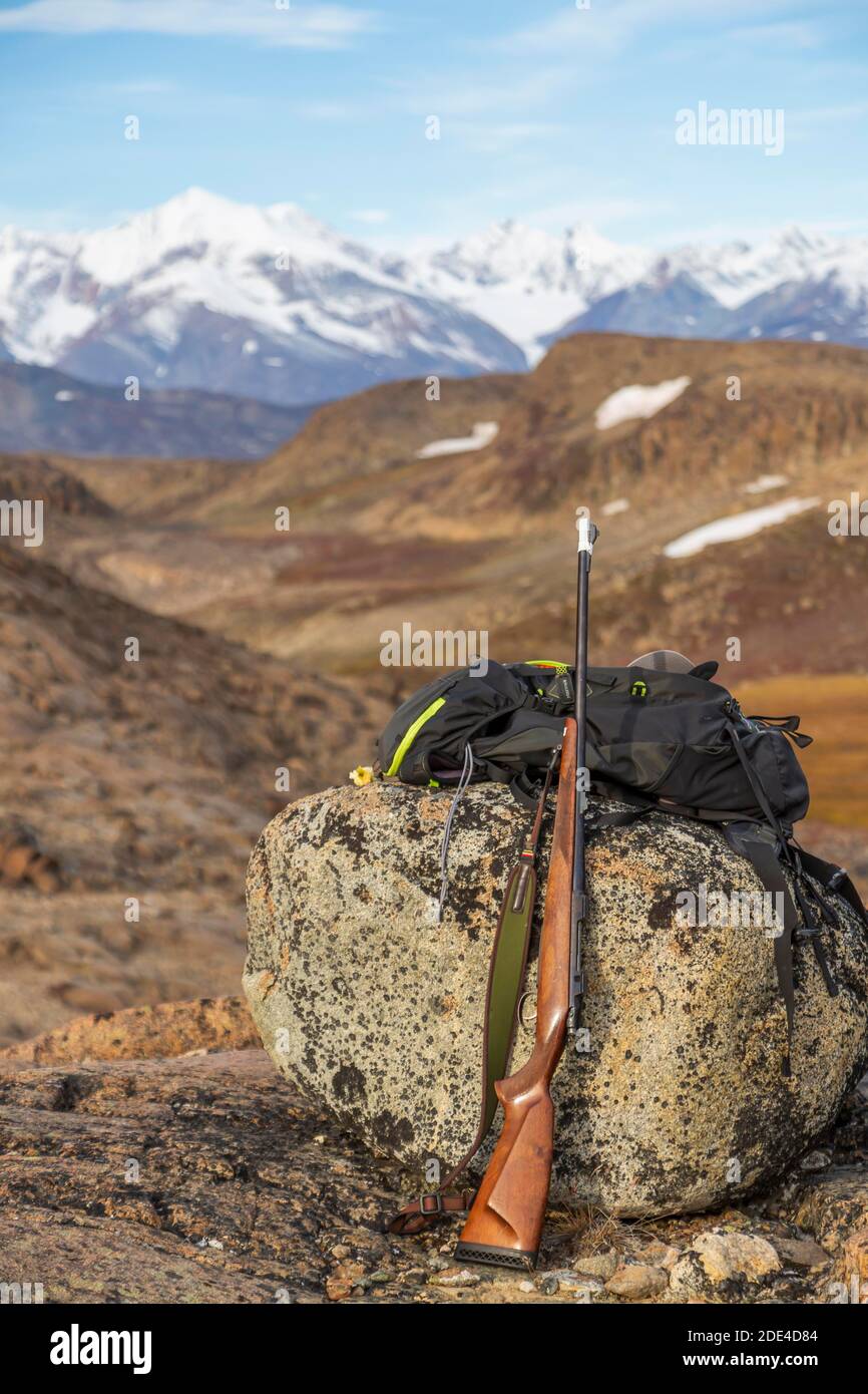 Rifle leaning against rock, barren landscape, protection from polar ...