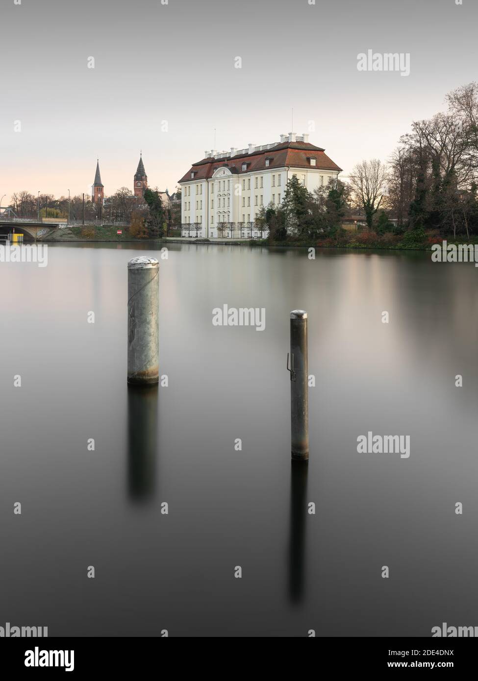 View over the Dahme River to Koepenick Castle and the Lange Bruecke ...