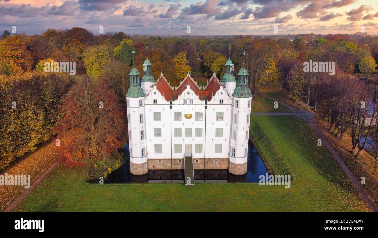Aerial view, drone photo, of Schloss Ahrensburg in autumn, Germany ...