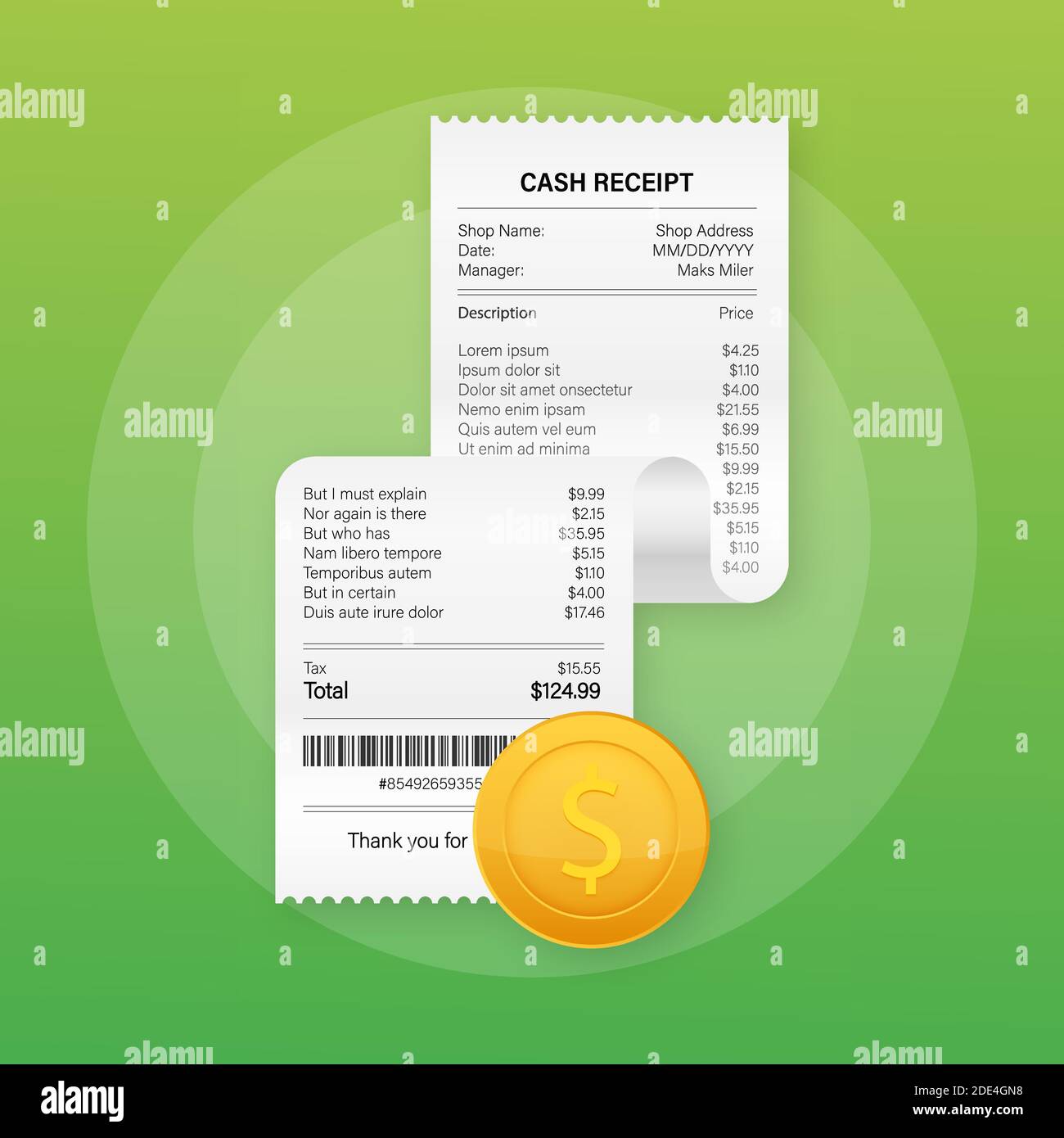 Receipts vector illustration of realistic payment paper bills for cash or credit card ...