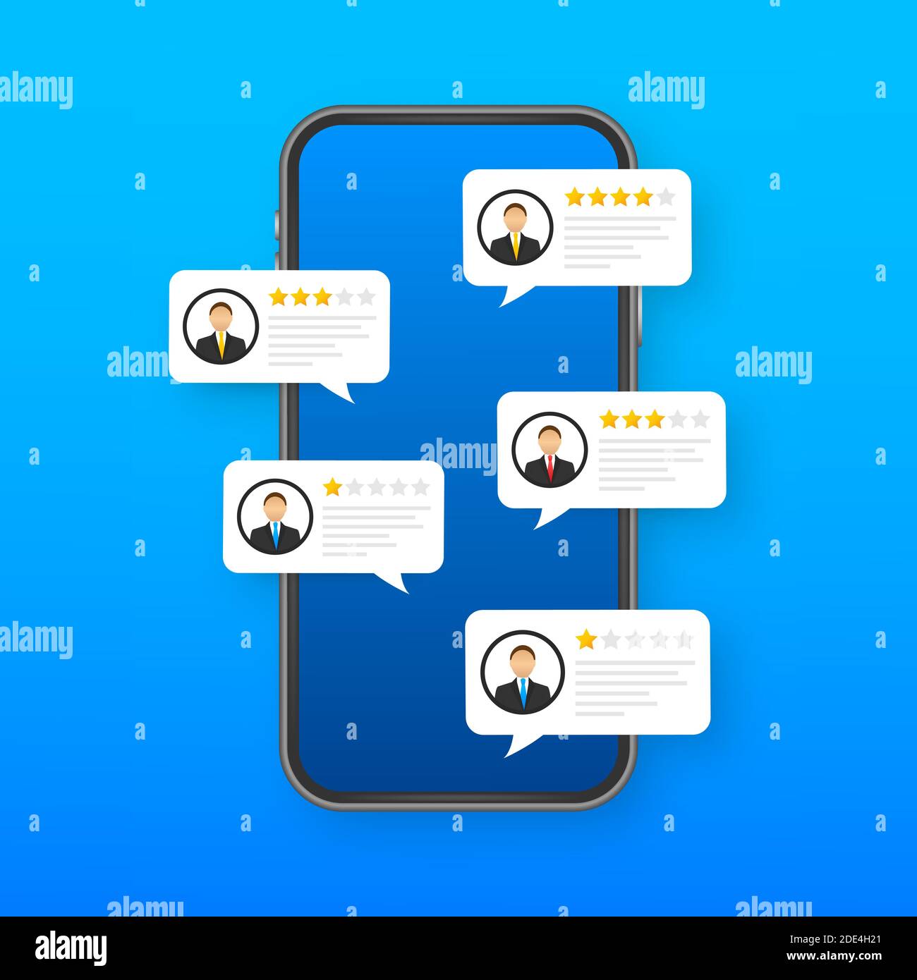 Review rating bubble speeches on mobile phone illustration, flat style ...