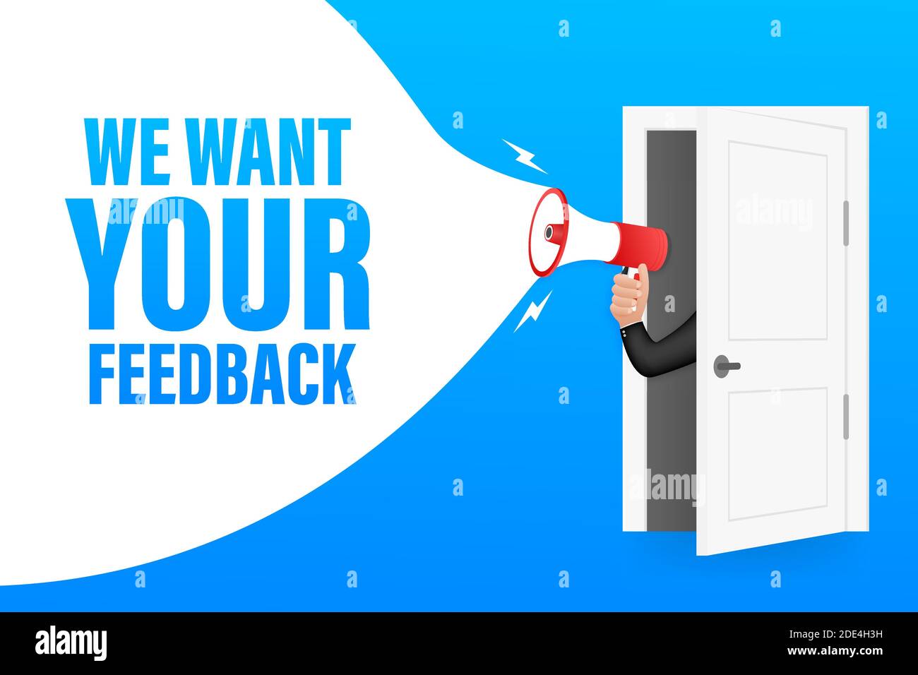 Hand Holding Megaphone with We want your feedback. Megaphone banner ...