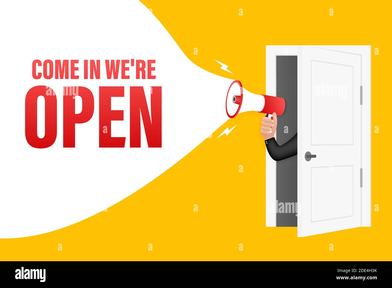 Hand Holding Megaphone with come in we are open. Megaphone banner. Web ...