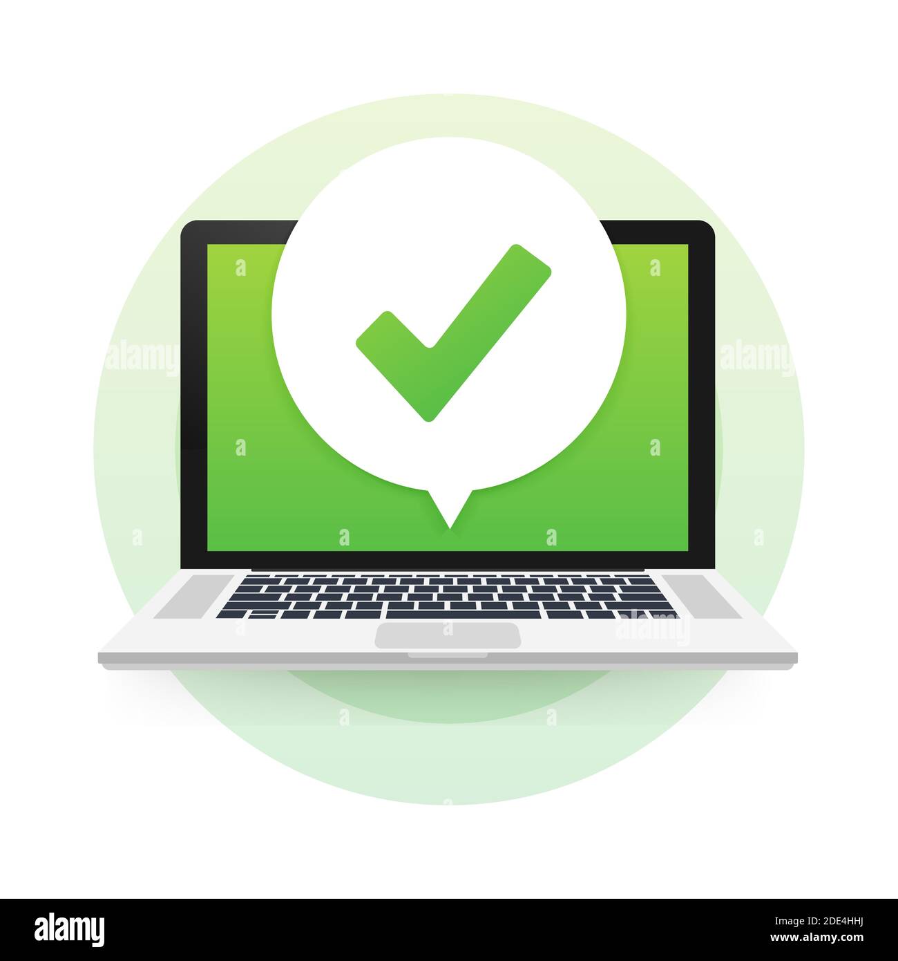 Laptop with checkmark or tick notification in bubble. Approved choice ...