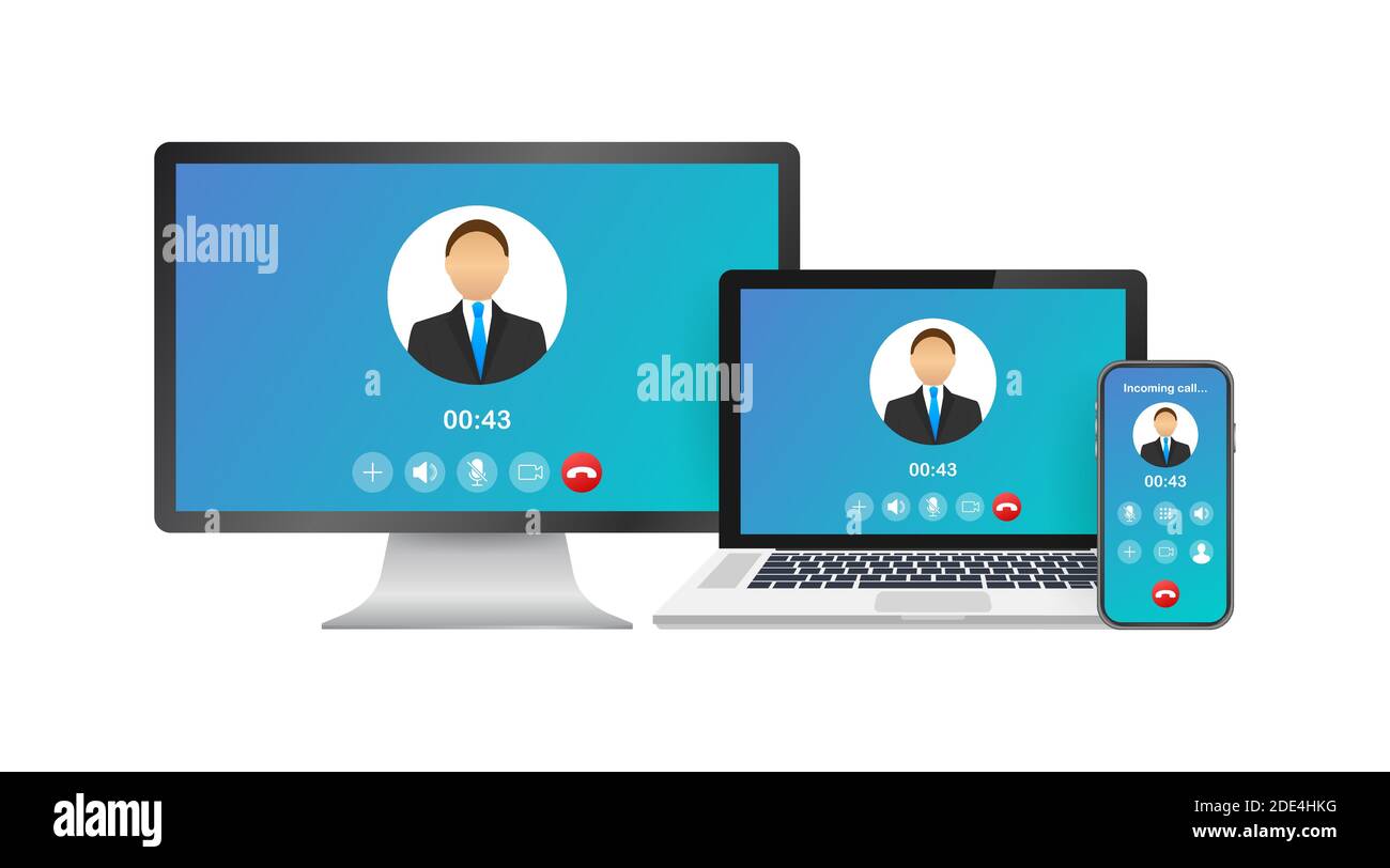 Incoming video call on laptop. Laptop with incoming call, man profile ...